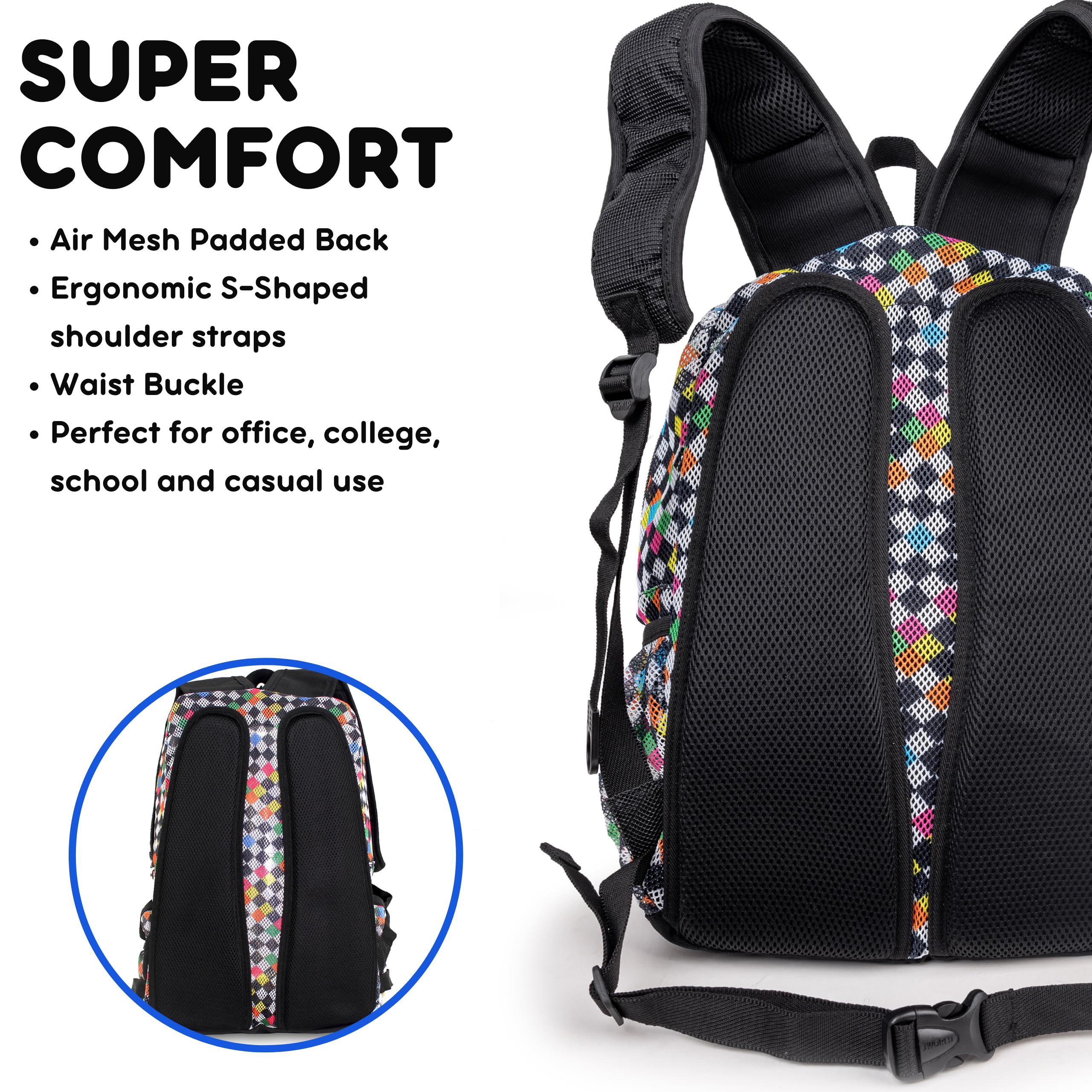 J World New York Mesh Backpack for Adults. Transparent See-Through Book-Bag for School, Beach, Swim, Gym, Checkers, 18 X 13.5 X 8.5 (H X W X D)