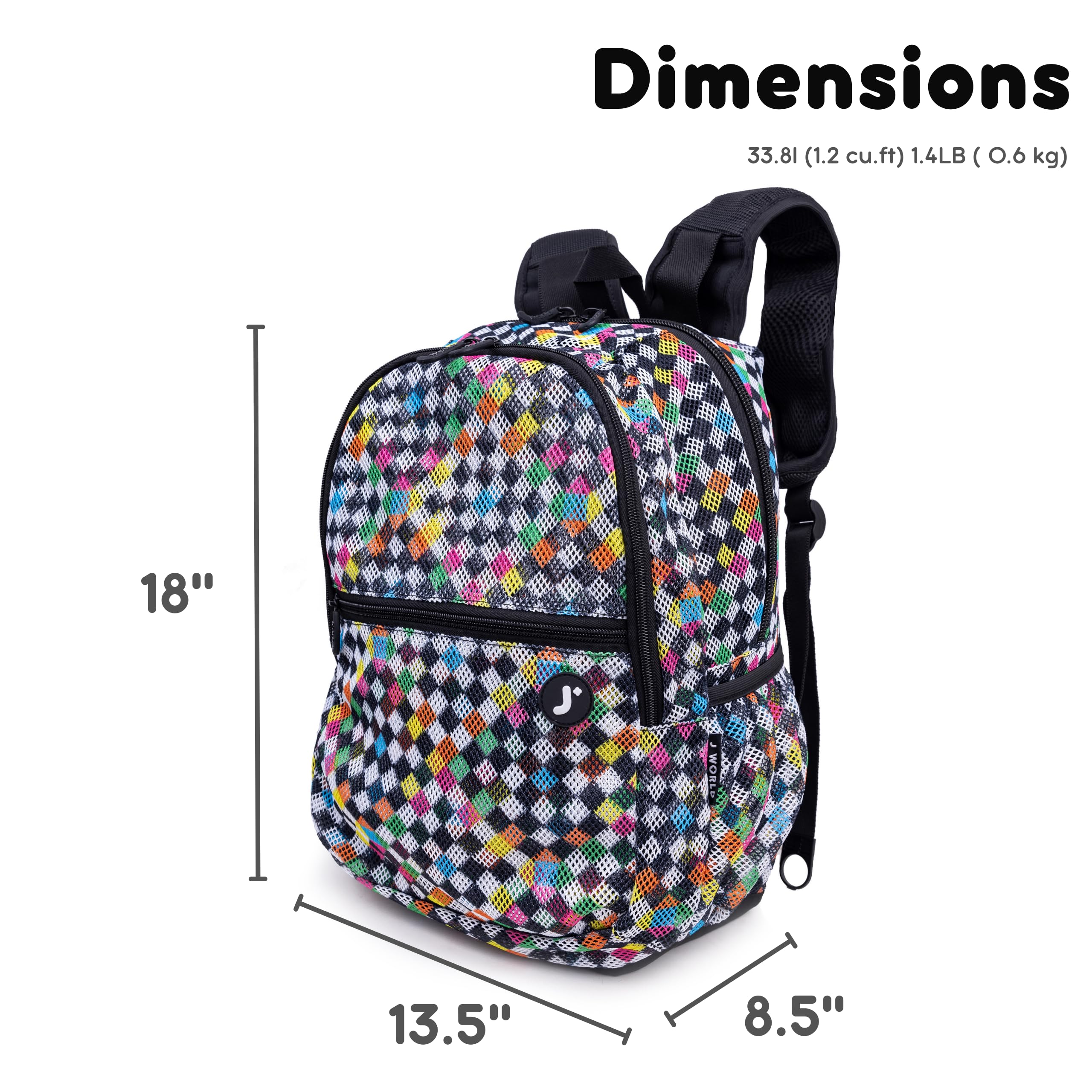 J World New York Mesh Backpack for Adults. Transparent See-Through Book-Bag for School, Beach, Swim, Gym, Checkers, 18 X 13.5 X 8.5 (H X W X D)