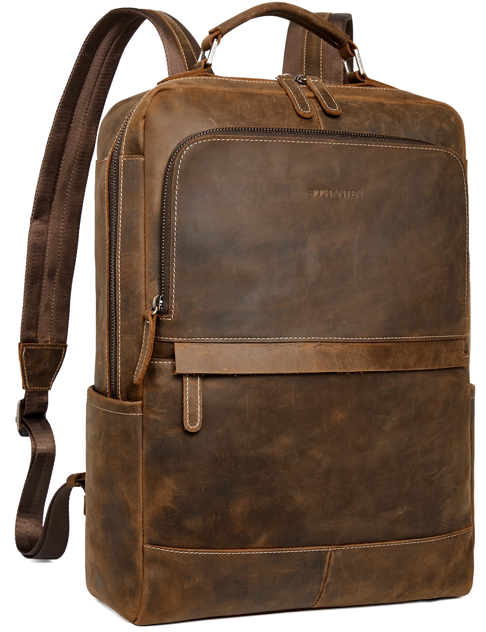 BOSTANTEN Leather Backpack for Men, 15.6 inch Laptop Backpack Large Capacity Business Travel Bag Vintage Shoulder Daypacks