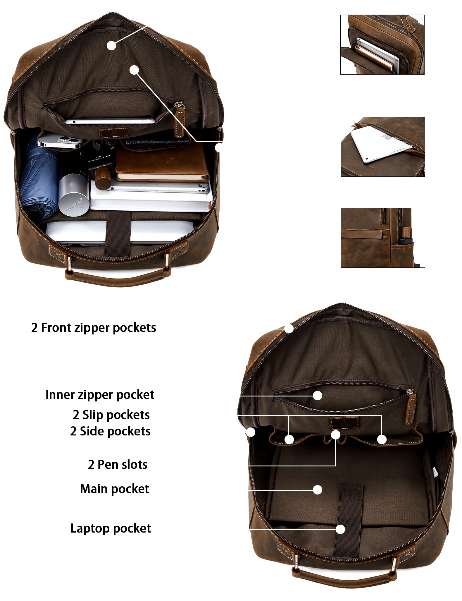 BOSTANTEN Leather Backpack for Men, 15.6 inch Laptop Backpack Large Capacity Business Travel Bag Vintage Shoulder Daypacks