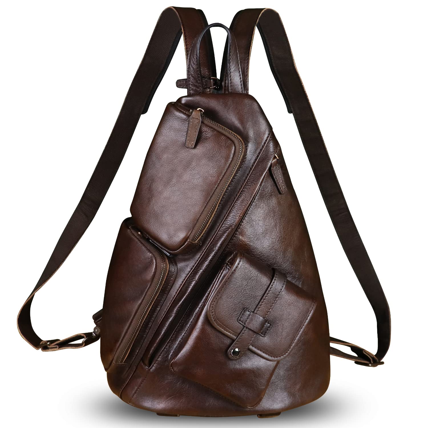 Genuine Leather Sling Bag Crossbody Casual Hiking Daypack Vintage Handmade Chest Bag Shoulder Backpack Motorcycle Pack Rucksack (Coffee)