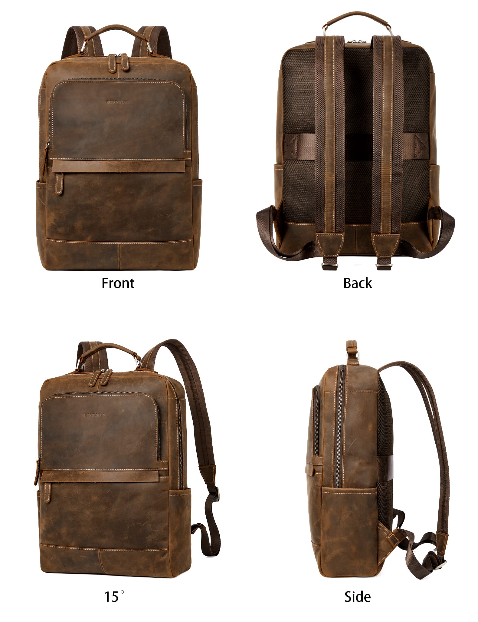 BOSTANTEN Leather Backpack for Men, 15.6 inch Laptop Backpack Large Capacity Business Travel Bag Vintage Shoulder Daypacks