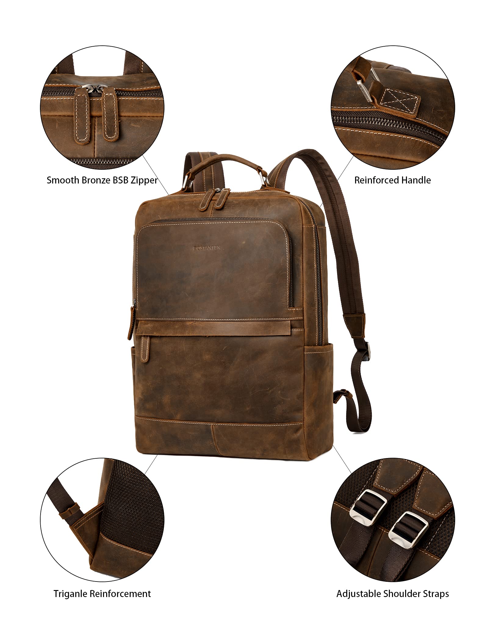 BOSTANTEN Leather Backpack for Men, 15.6 inch Laptop Backpack Large Capacity Business Travel Bag Vintage Shoulder Daypacks