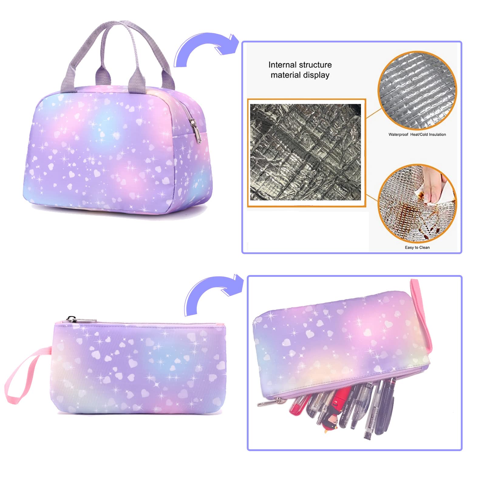 DNSHAN New 3PCS Girls Backpacks Elementary,Primary School Kids Girls Backpack with Lunch Box Pencil Box, 3 in 1 Lightweight Shoulder Bag,Purple