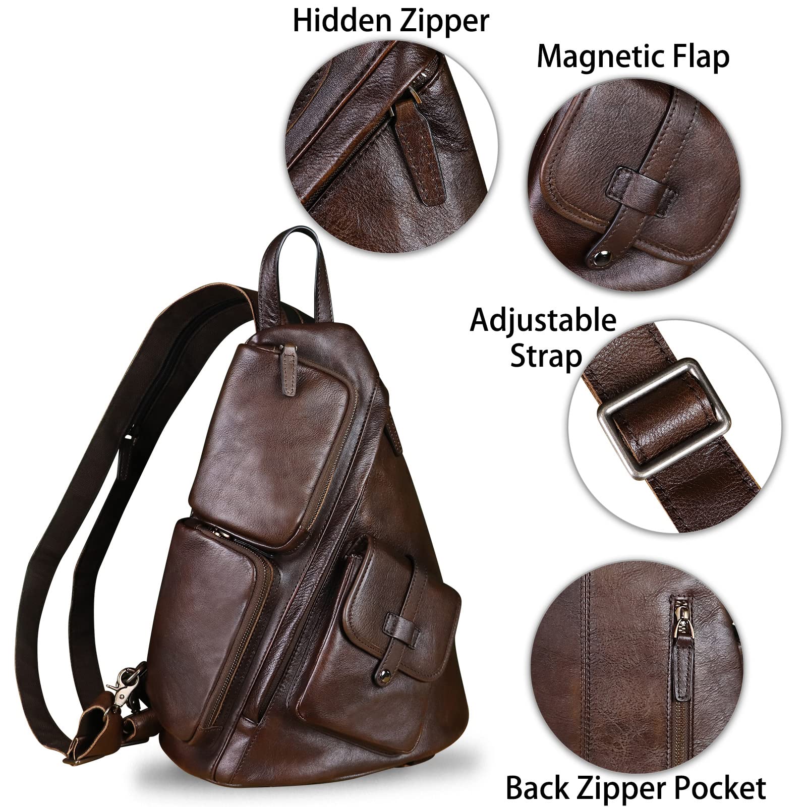 Genuine Leather Sling Bag Crossbody Casual Hiking Daypack Vintage Handmade Chest Bag Shoulder Backpack Motorcycle Pack Rucksack (Coffee)