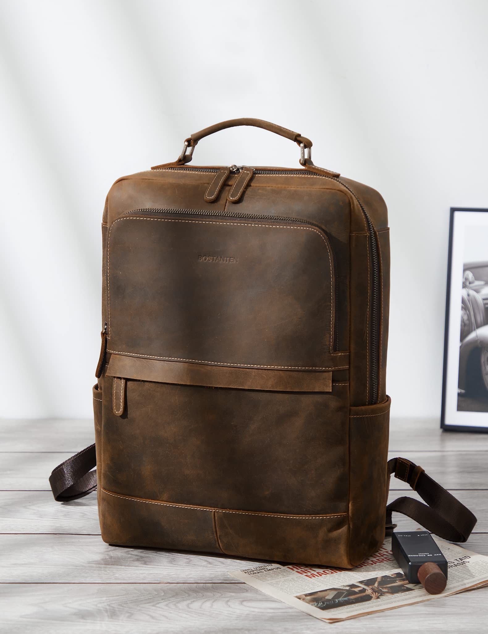 BOSTANTEN Leather Backpack for Men, 15.6 inch Laptop Backpack Large Capacity Business Travel Bag Vintage Shoulder Daypacks