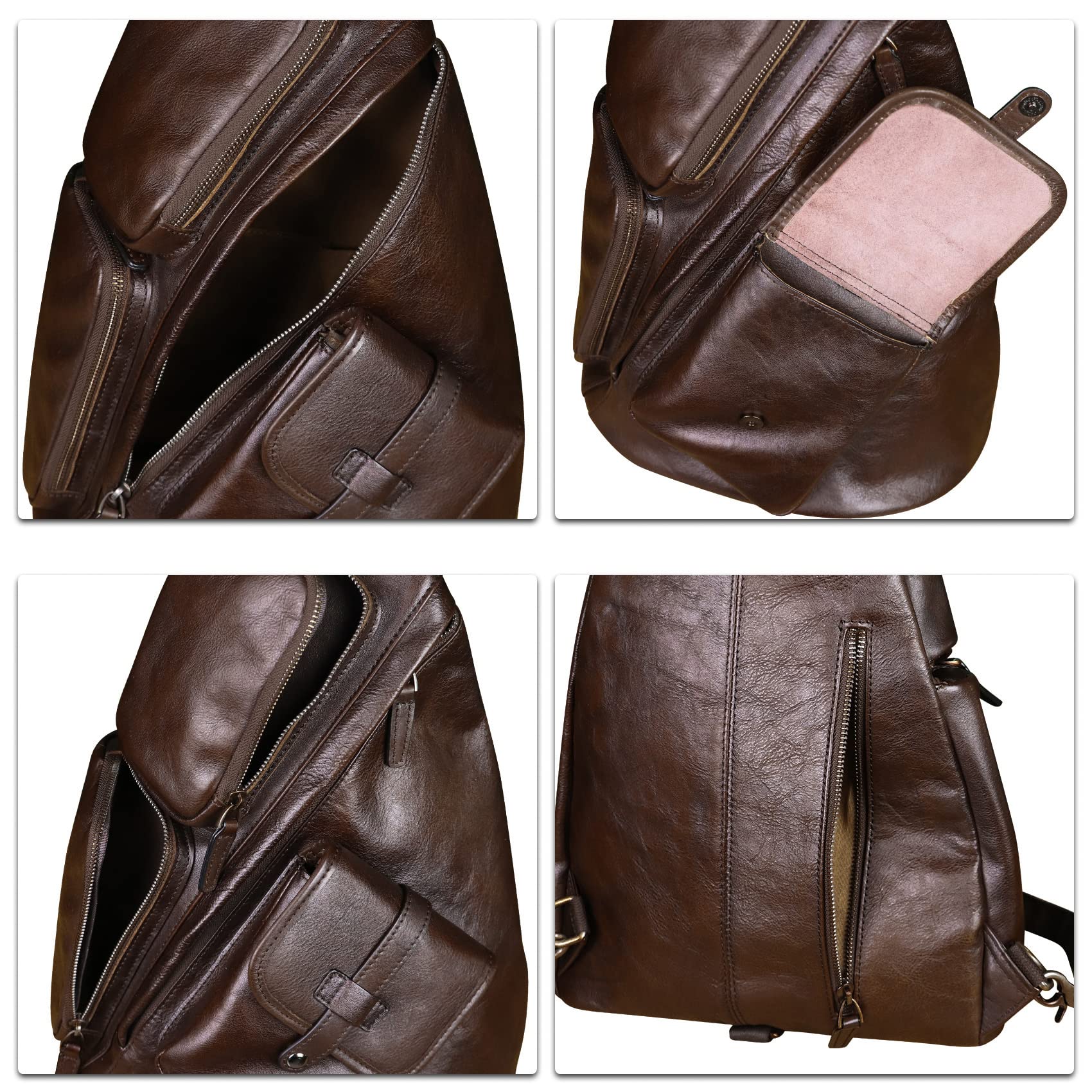 Genuine Leather Sling Bag Crossbody Casual Hiking Daypack Vintage Handmade Chest Bag Shoulder Backpack Motorcycle Pack Rucksack (Coffee)