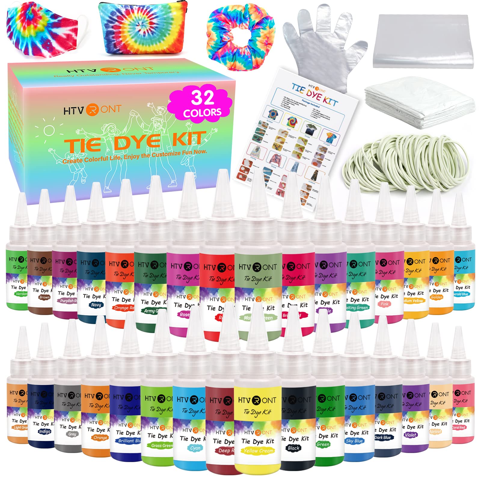 HTVRONT Tie Dye Kit - 32 Vibrant Colors Pre-Filled Bottles Tyedyedye Kit, Permanent Non-Toxic Tie Dye Kit for Large Groups Kids Adults ,Tye Dye Kit for Fabric Textile Handmade Party(Just Add Water)