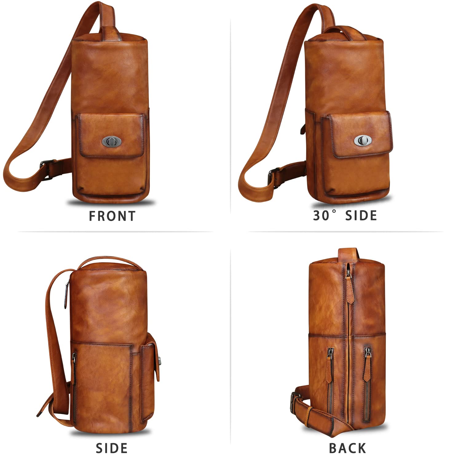 LRTO Genuine Leather Sling Bag for Men Crossbody Sling Backpack Handmade Motorcycle Chest Bag Hiking Daypack Purse (Brown)