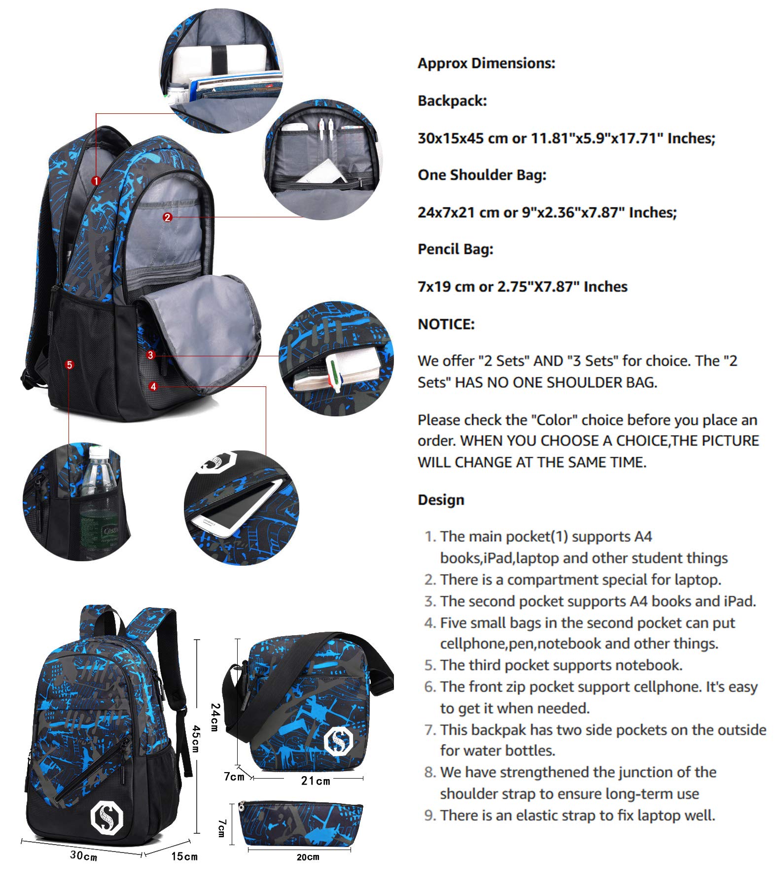 JiaYou Boy Girl Unisex 20L Fashion School Bag Backpack with Florescent Mark 3 Sets/2 Sets (20L, USB ColorG 3 Sets)