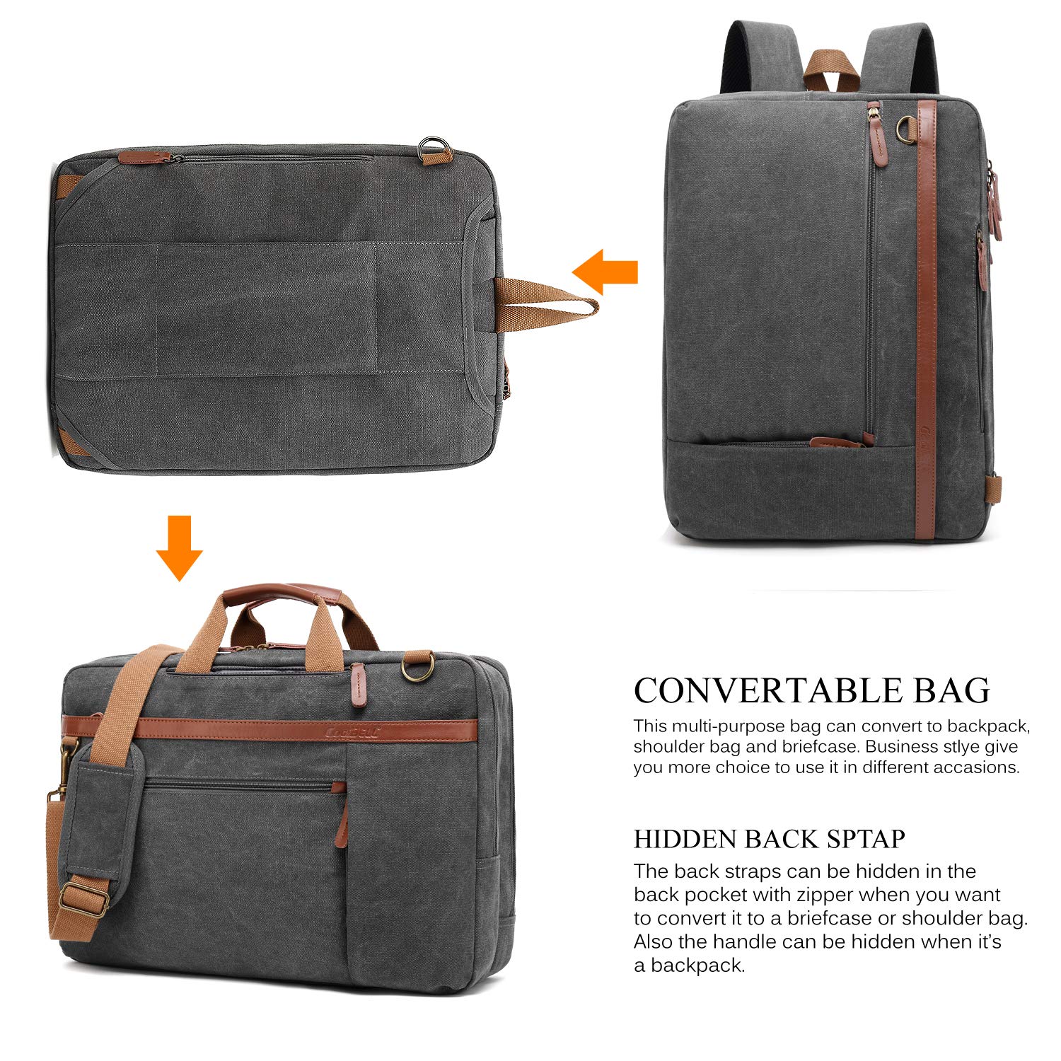 CoolBELL Convertible Backpack Shoulder bag Messenger Bag Laptop Case Business Briefcase Leisure Handbag Multi-functional Travel Rucksack Fits 17.3 Inch Laptop For Men / Women / Travel (Canvas Black)