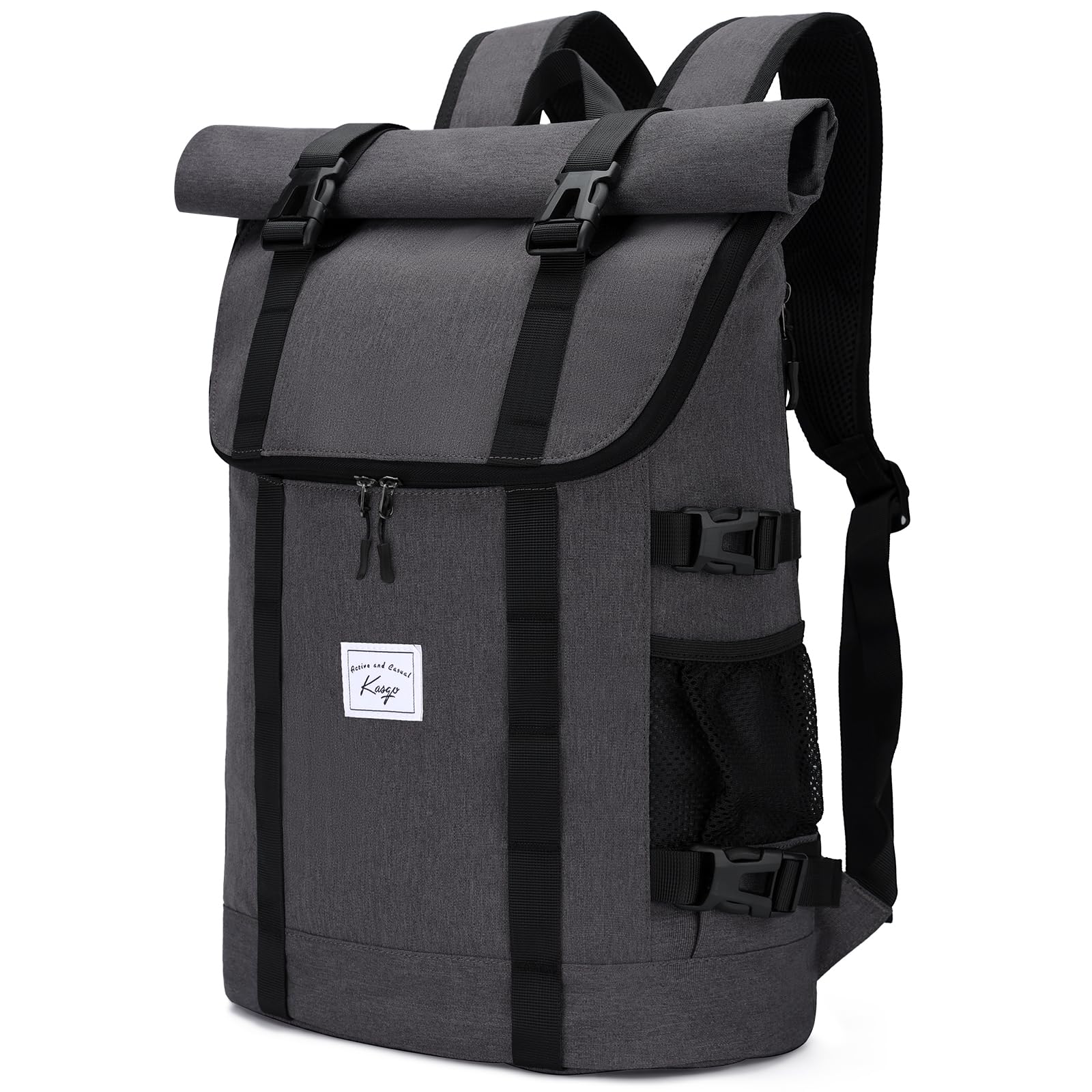 Kasqo Laptop Backpack for Men, 17 Inch Rolltop Large Capacity Water Resistant School College Travel Bookbag Casual Daypack, Dark Grey