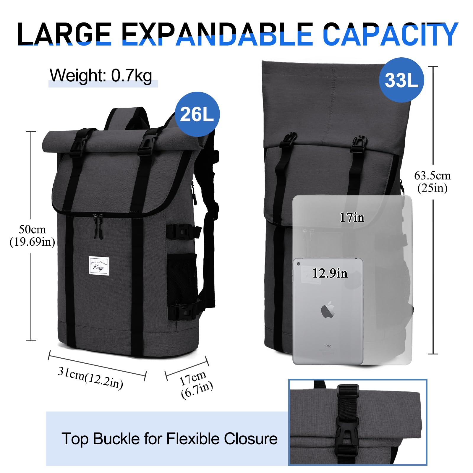 Kasqo Laptop Backpack for Men, 17 Inch Rolltop Large Capacity Water Resistant School College Travel Bookbag Casual Daypack, Dark Grey