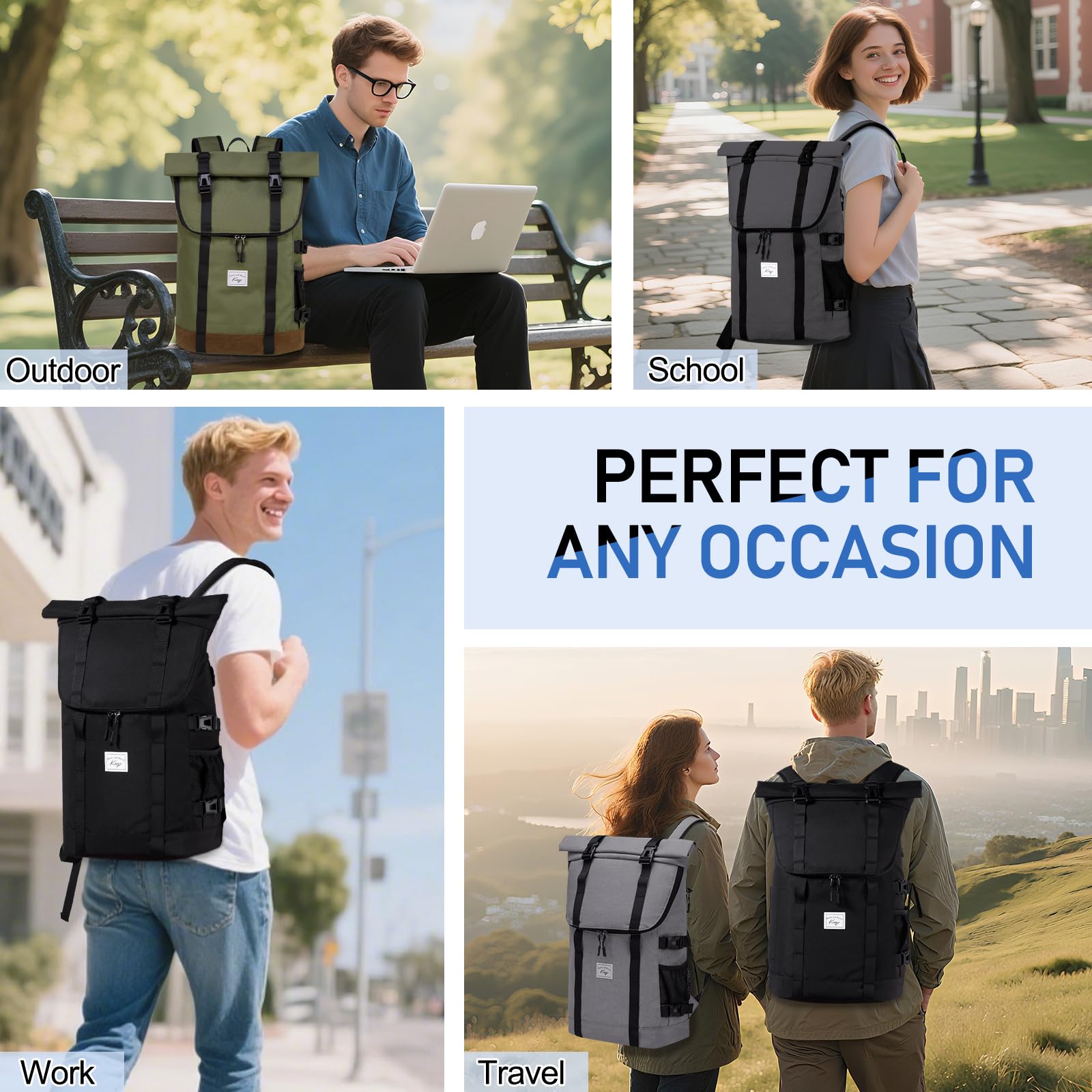 Kasqo Laptop Backpack for Men, 17 Inch Rolltop Large Capacity Water Resistant School College Travel Bookbag Casual Daypack, Dark Grey