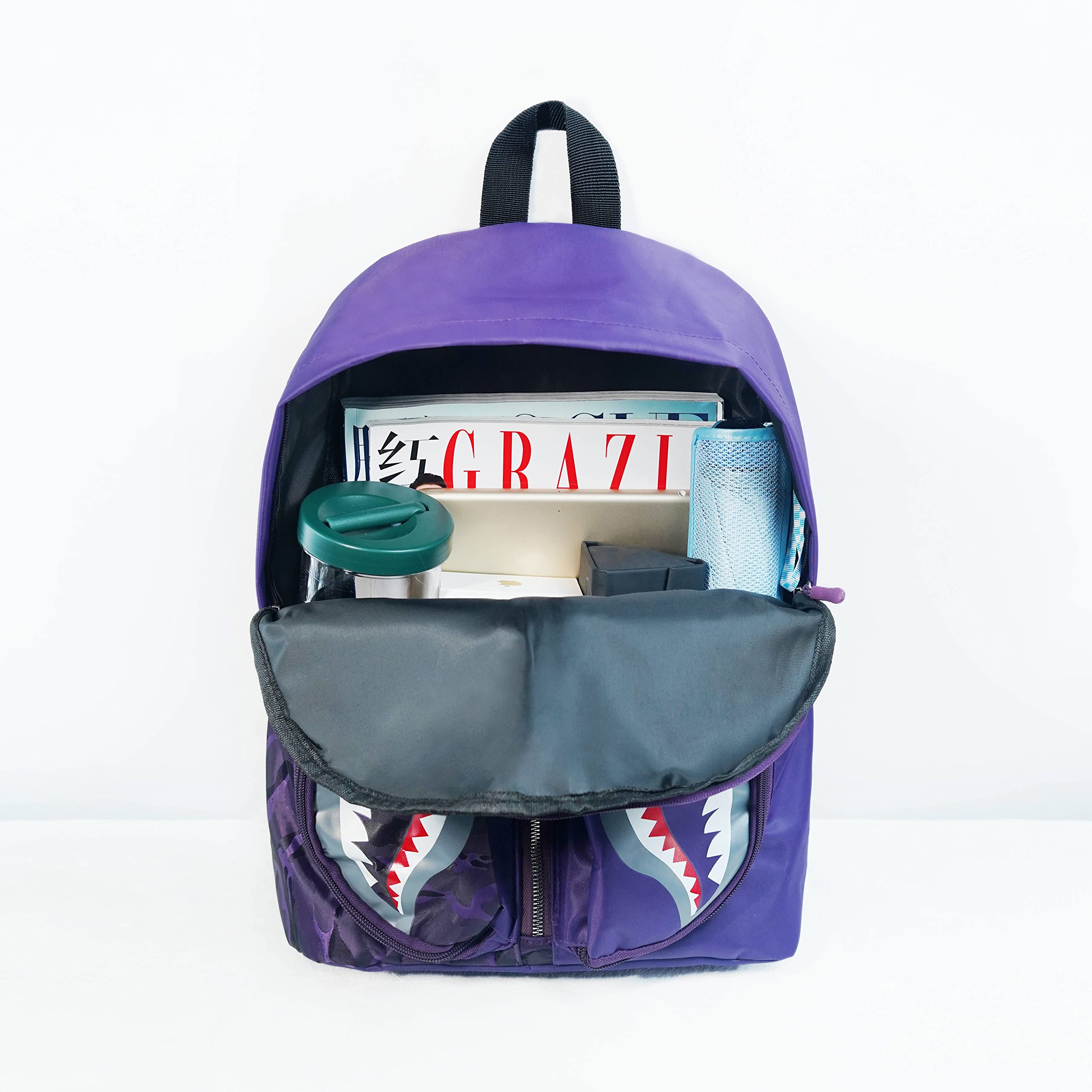 FJyuanqi School & Travel Backpack Laptop Backpack for Boys & Girls with Adjustable Strap Casual Daypack Hiking Bag 15 Inch - (Purple Shark)