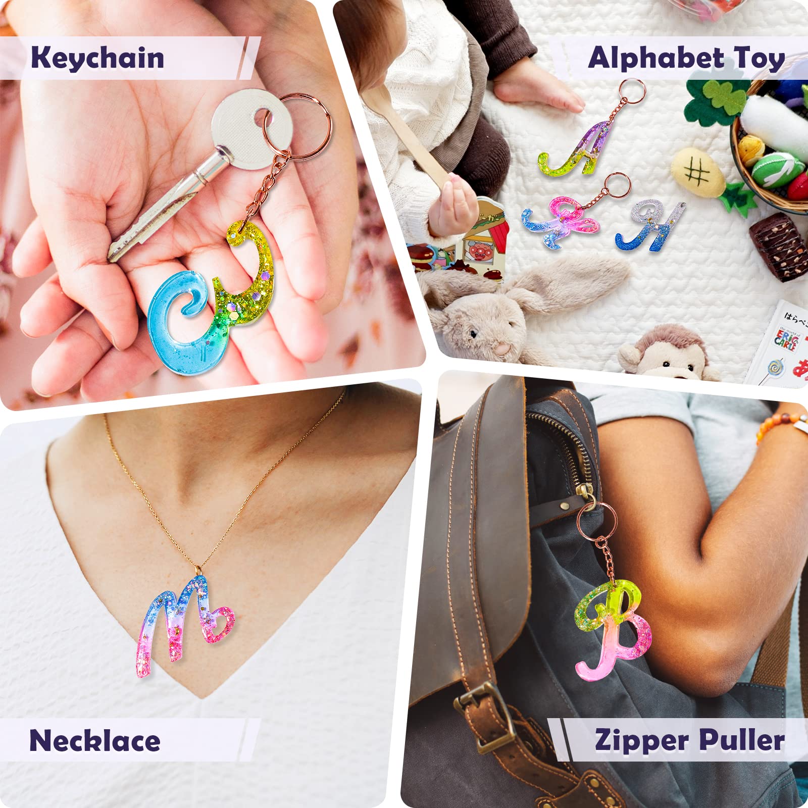 LET'S RESIN Large Alphabet Mold for Resin, Reversed Resin Keychain Letter Molds with Hole, Alphabet Resin Molds Silicone with 30 Jump Rings, 30 Key Rings, Epoxy Molds for Keychain Making(15.3"X8.9")