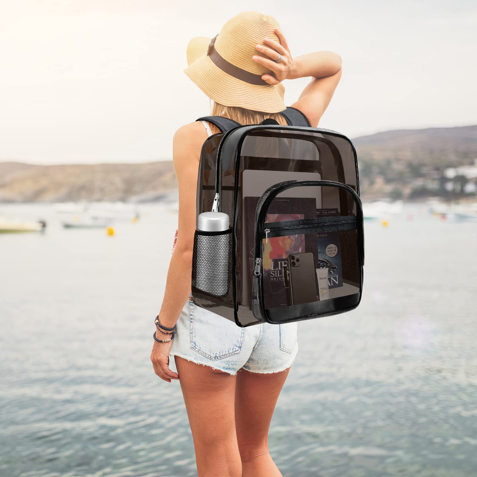 Clear Backpack, Large Clear Backpack Heavy Duty Sturdy Shape Transparent Backpack, See Through Backpack Clear Bookbag for Student, School, Work, Travel(Black)
