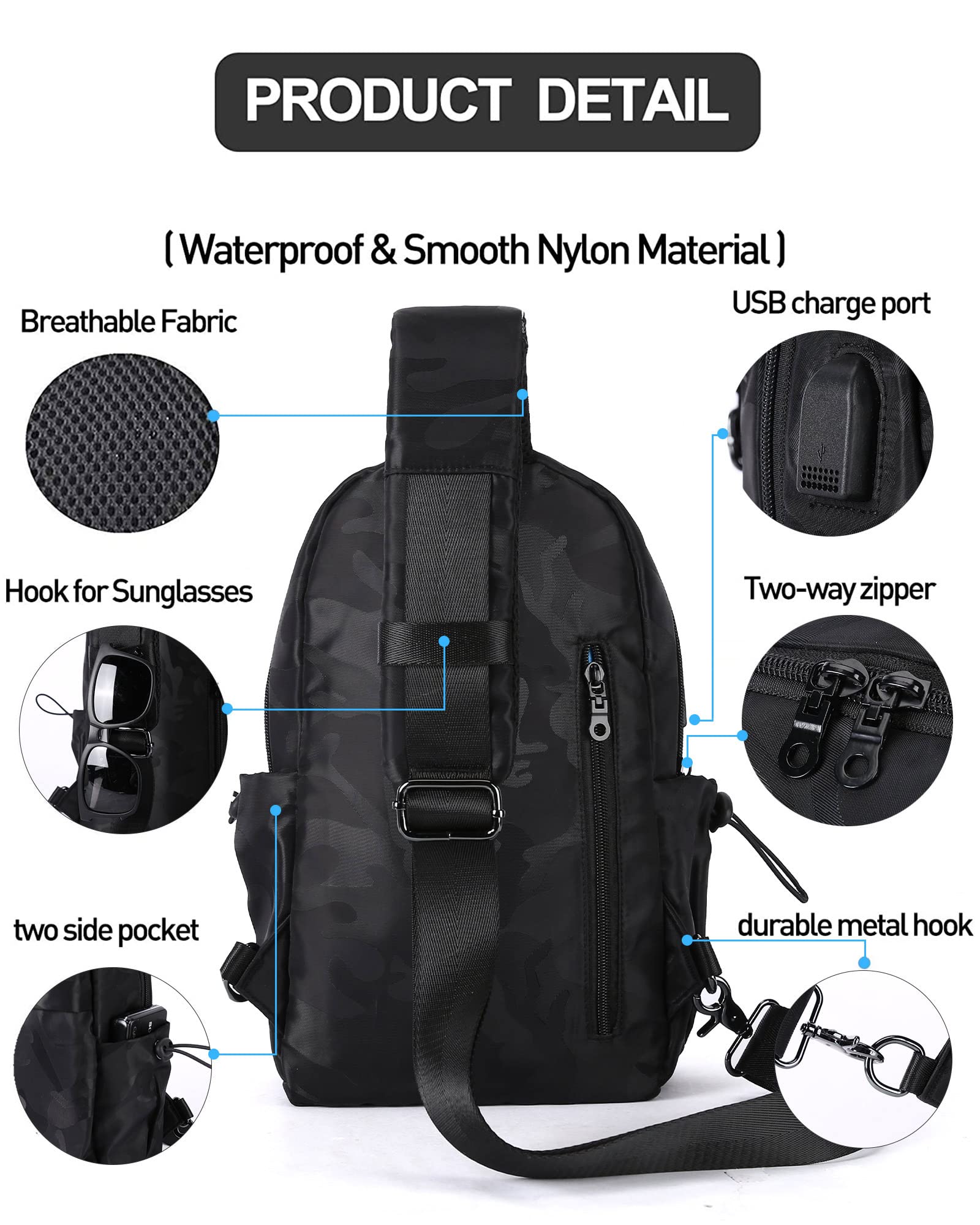 Small Black Sling Crossbody Backpack Shoulder Bag for Men Women, Lightweight One Strap Chest Backpack Sling Bag Backpack for Hiking Walking Biking Travel Cycling USB Charger Port Nylon Camouflage