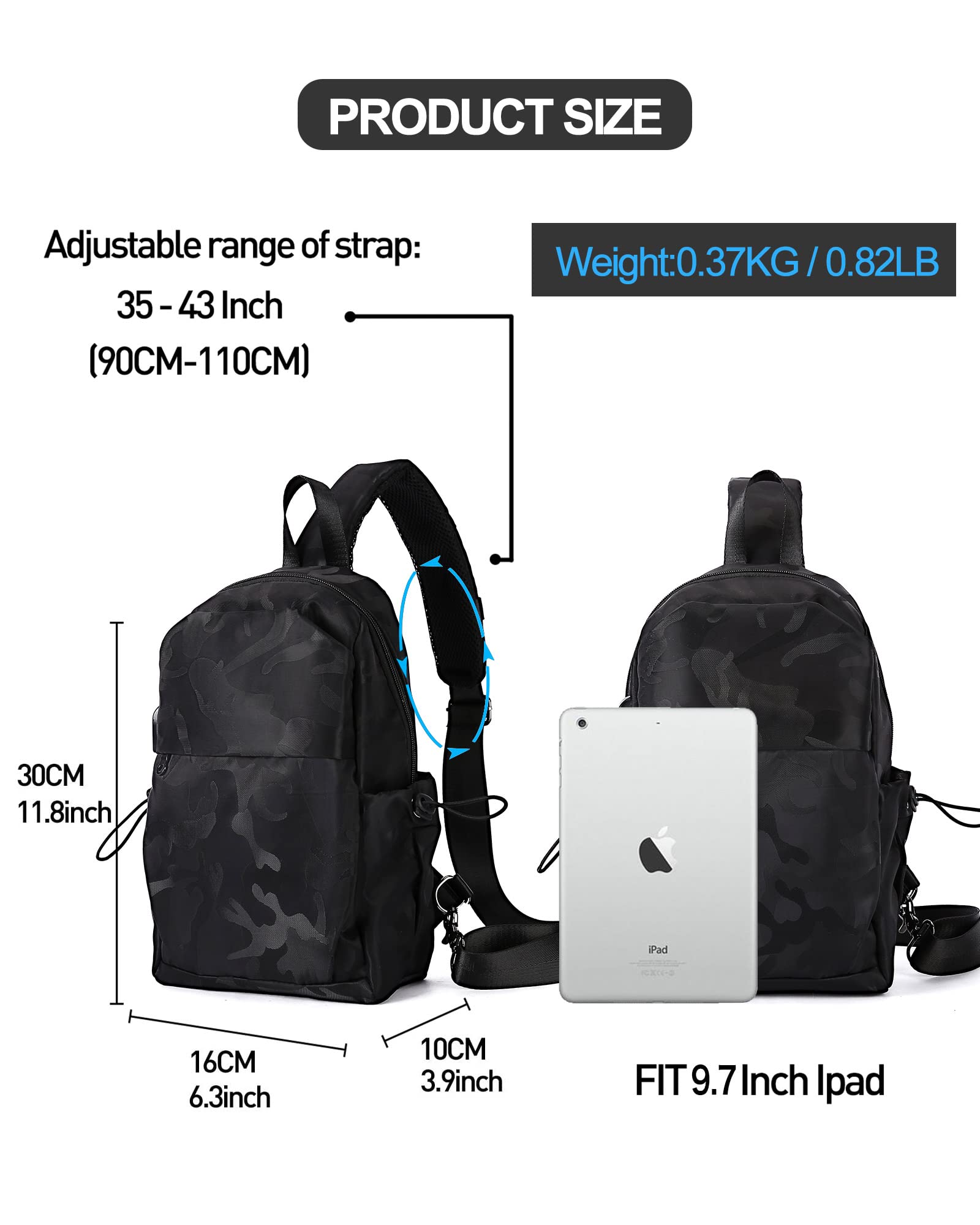 Small Black Sling Crossbody Backpack Shoulder Bag for Men Women, Lightweight One Strap Chest Backpack Sling Bag Backpack for Hiking Walking Biking Travel Cycling USB Charger Port Nylon Camouflage
