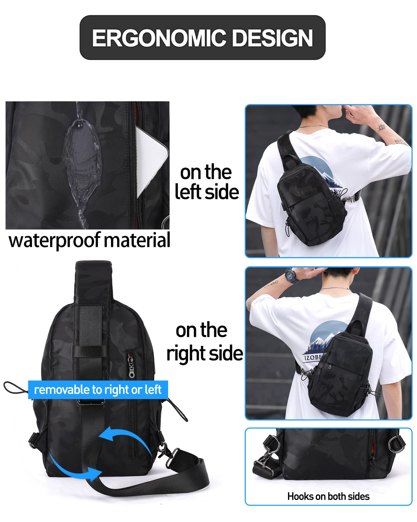 Small Black Sling Crossbody Backpack Shoulder Bag for Men Women, Lightweight One Strap Chest Backpack Sling Bag Backpack for Hiking Walking Biking Travel Cycling USB Charger Port Nylon Camouflage