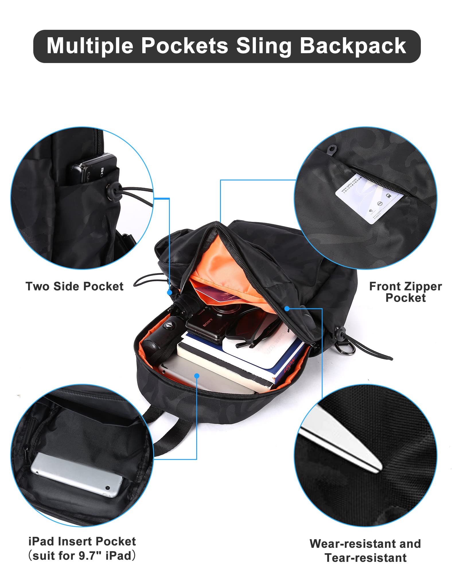 Small Black Sling Crossbody Backpack Shoulder Bag for Men Women, Lightweight One Strap Chest Backpack Sling Bag Backpack for Hiking Walking Biking Travel Cycling USB Charger Port Nylon Camouflage