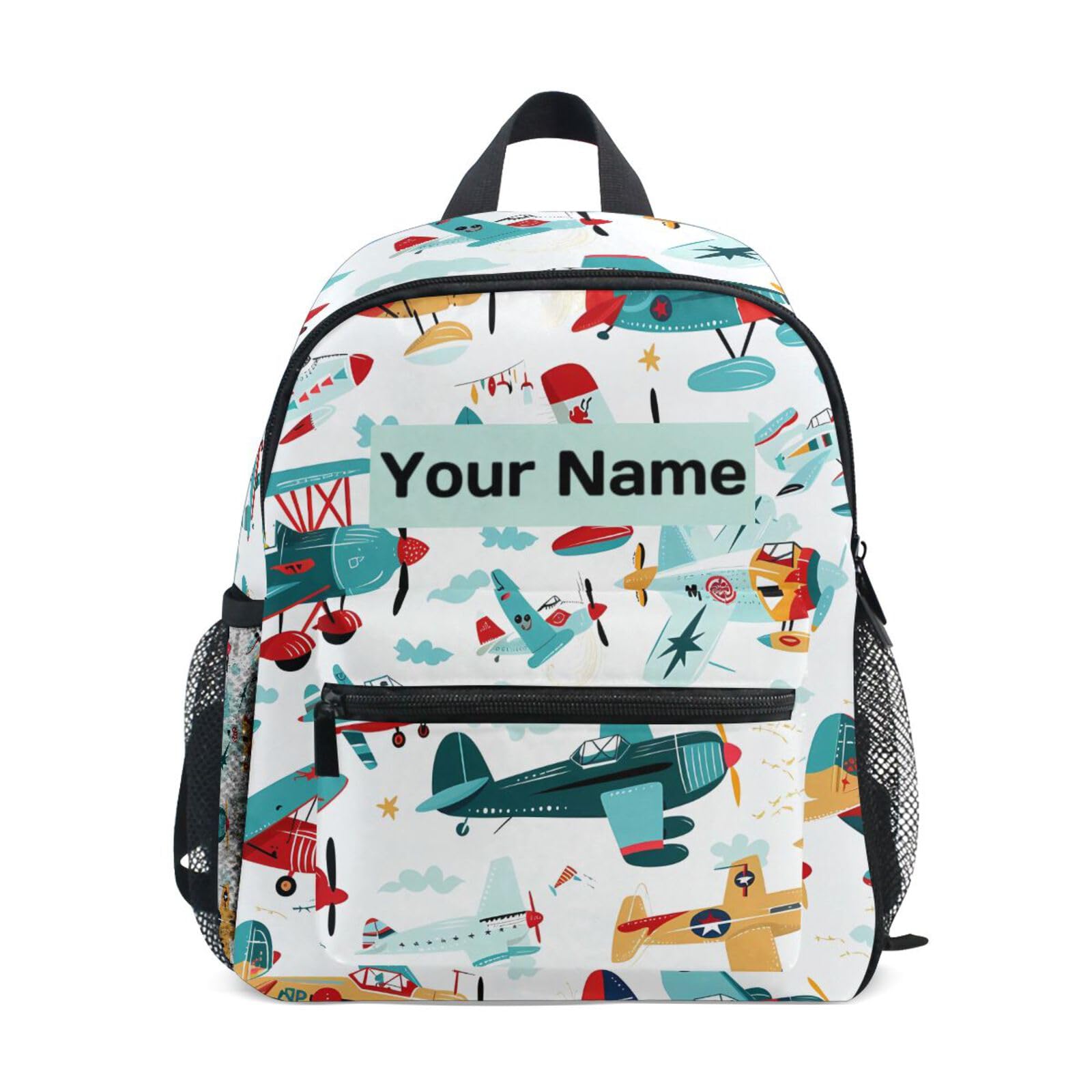 Custom Cartoon Airplane Boys Kids Backpack for Girls Boys, Aircraft Print Toddler Casual Daypack Backpacks, Personalized with Kid's Name Preschool School Bag, Children Travel Bookbag with Chest Strap