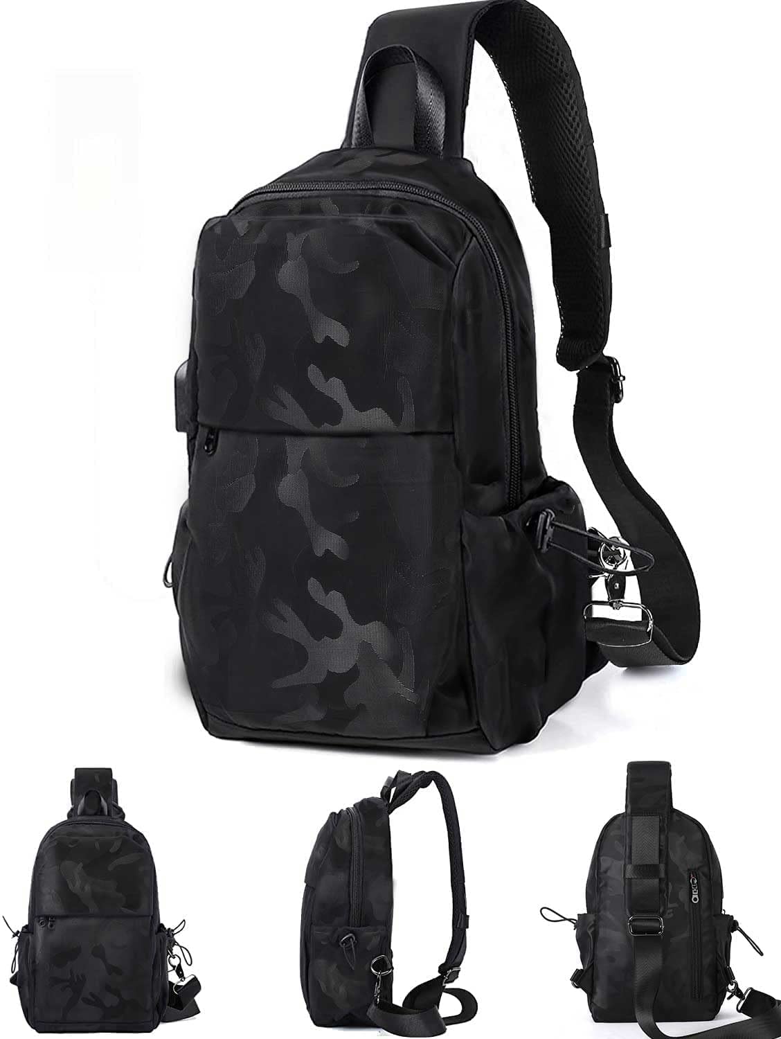 Small Black Sling Crossbody Backpack Shoulder Bag for Men Women, Lightweight One Strap Chest Backpack Sling Bag Backpack for Hiking Walking Biking Travel Cycling USB Charger Port Nylon Camouflage