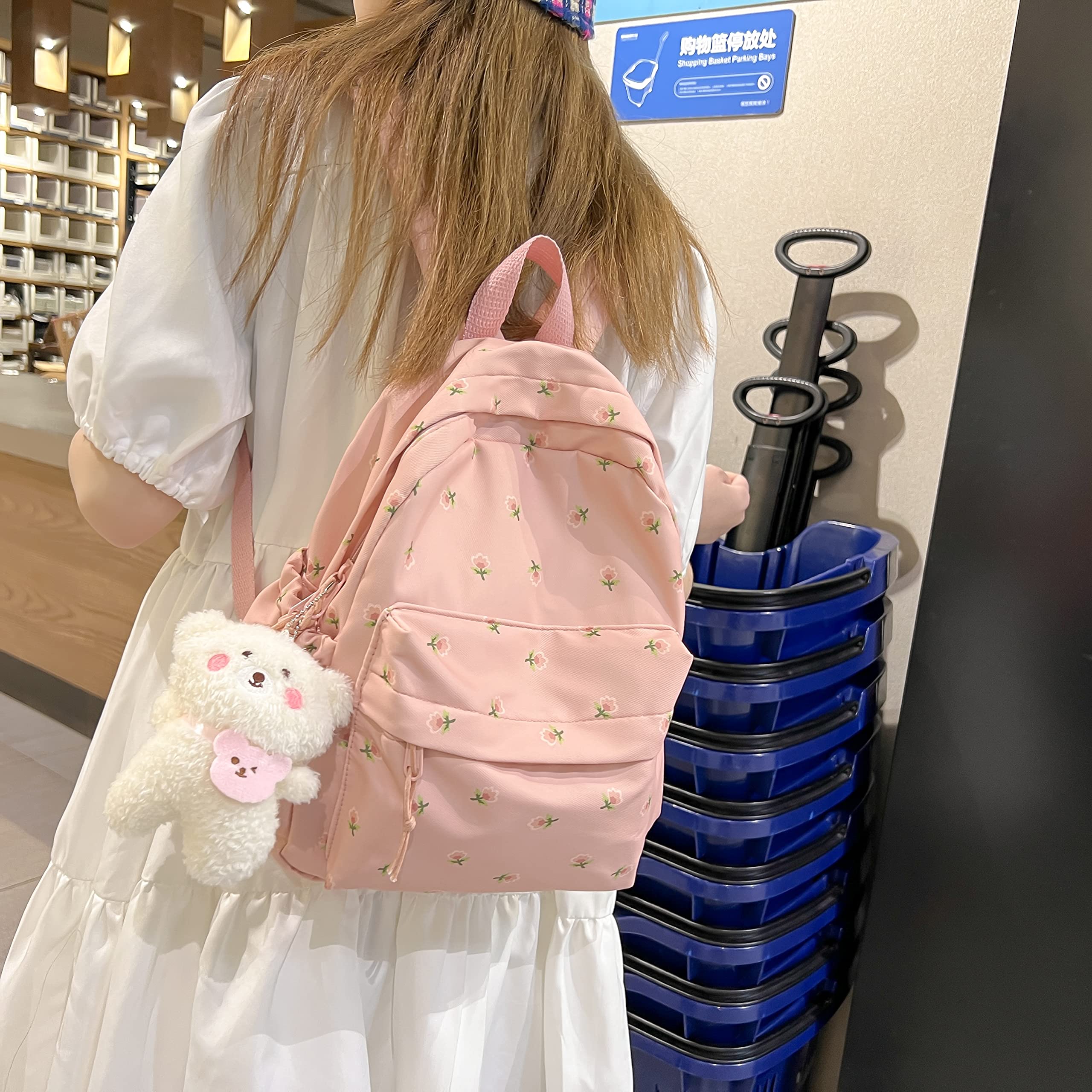 kakarin choyx Kawaii Backpack Mori Art Floral School Bag With Pendant 12.2 Inch Aesthetic Backpack Cute Backpack Medium School Bag (Pink, Middle)