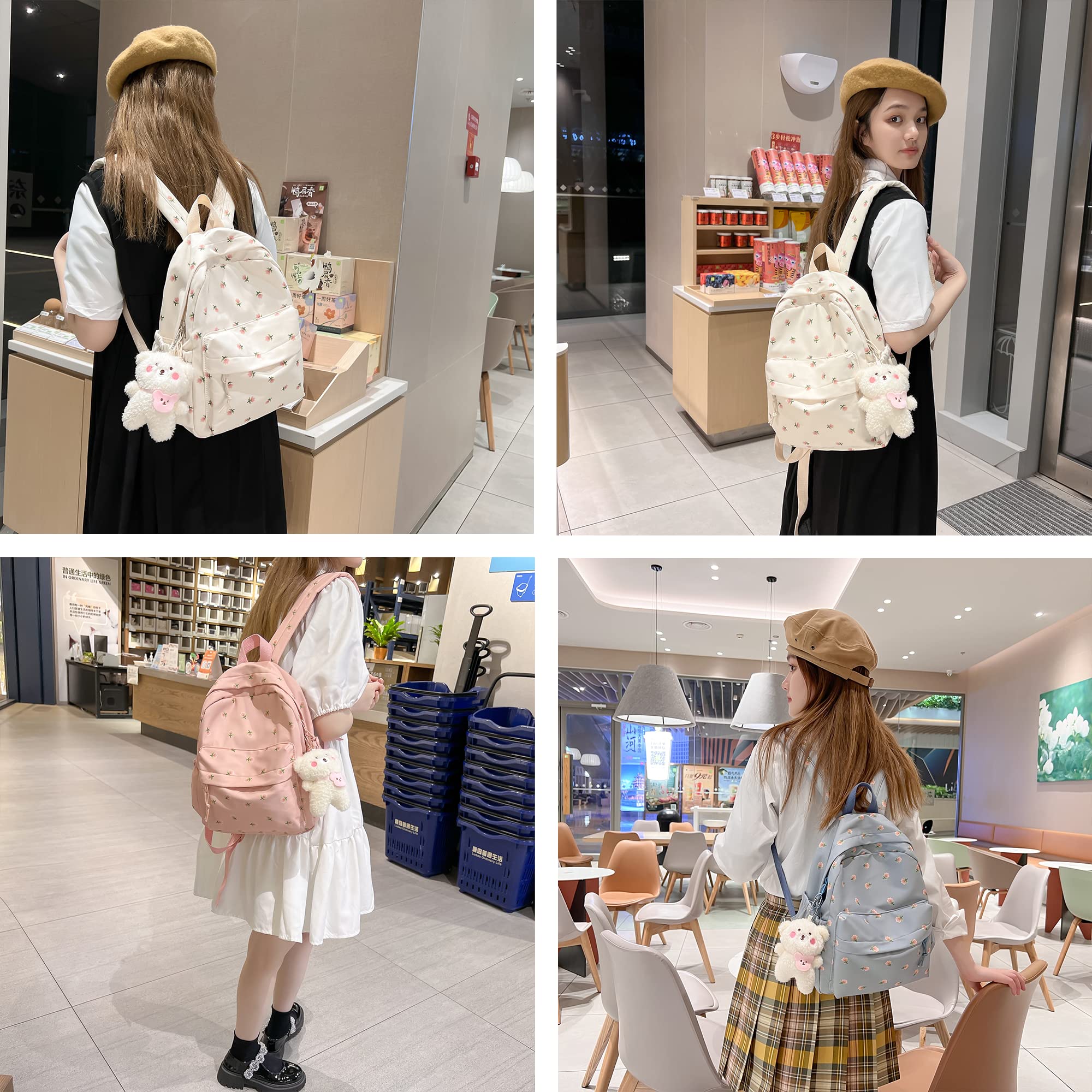 kakarin choyx Kawaii Backpack Mori Art Floral School Bag With Pendant 12.2 Inch Aesthetic Backpack Cute Backpack Medium School Bag (Pink, Middle)
