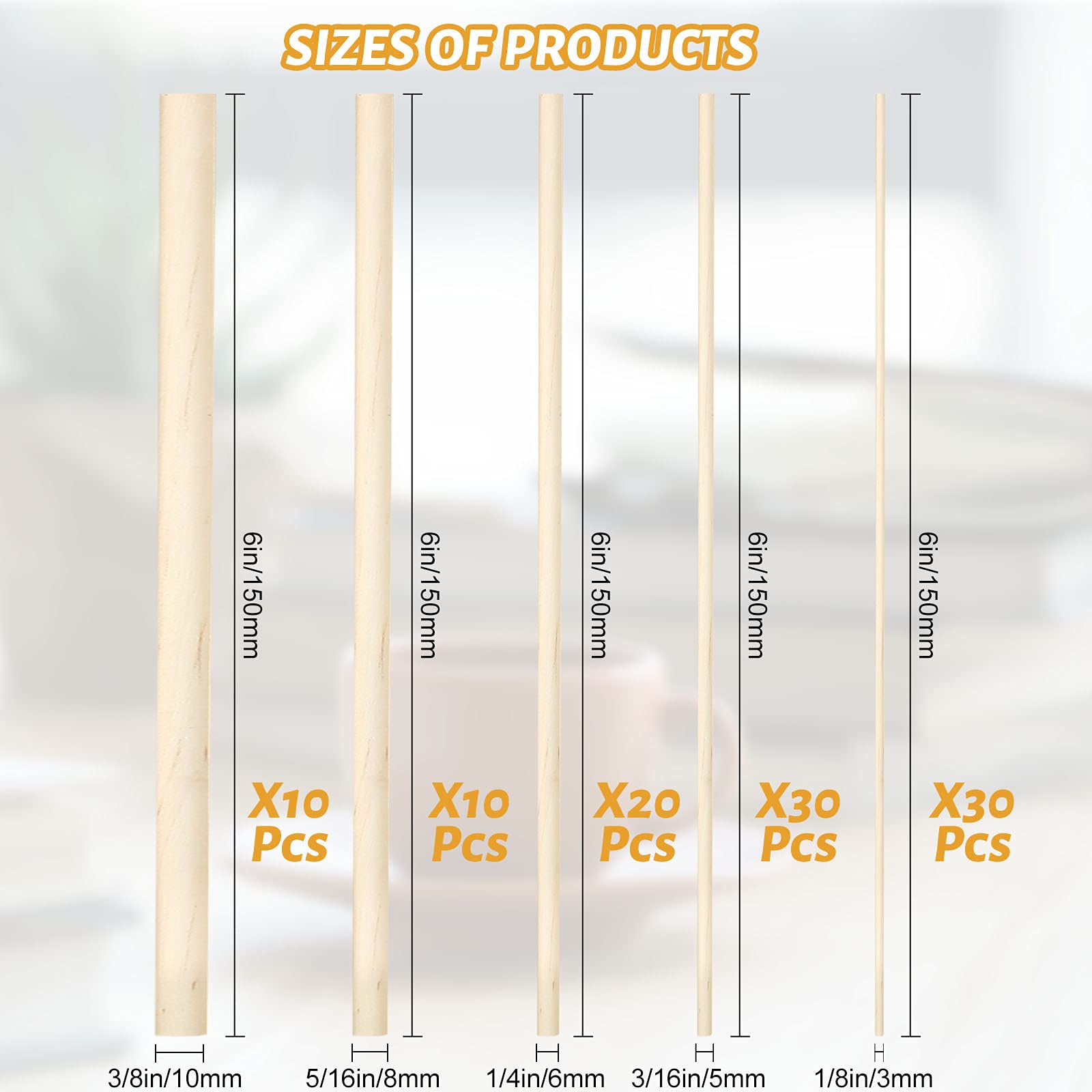100 Pieces Wood Dowels Assorted Sizes Dowel Rods for Crafting Wood Sticks 1/8, 3/16, 1/4, 5/16, 3/8 x 6 Inch Unfinished Dowel Small Round Hardwood Sticks for DIY Lover Wedding Christmas Ribbon, 5 Size