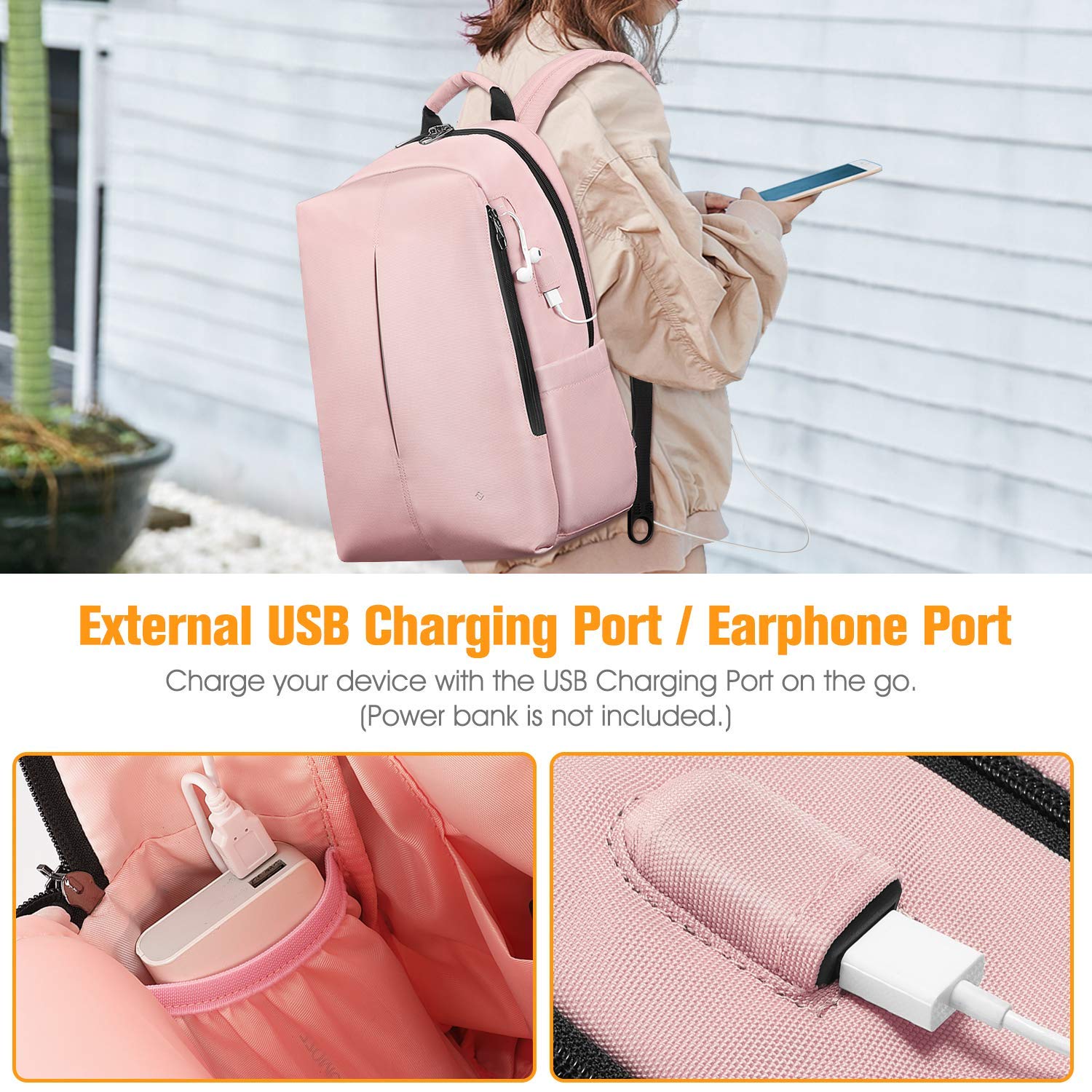 FINPAC Laptop Backpack, Casual Daypack with USB Port for Travel School Work (Pink)