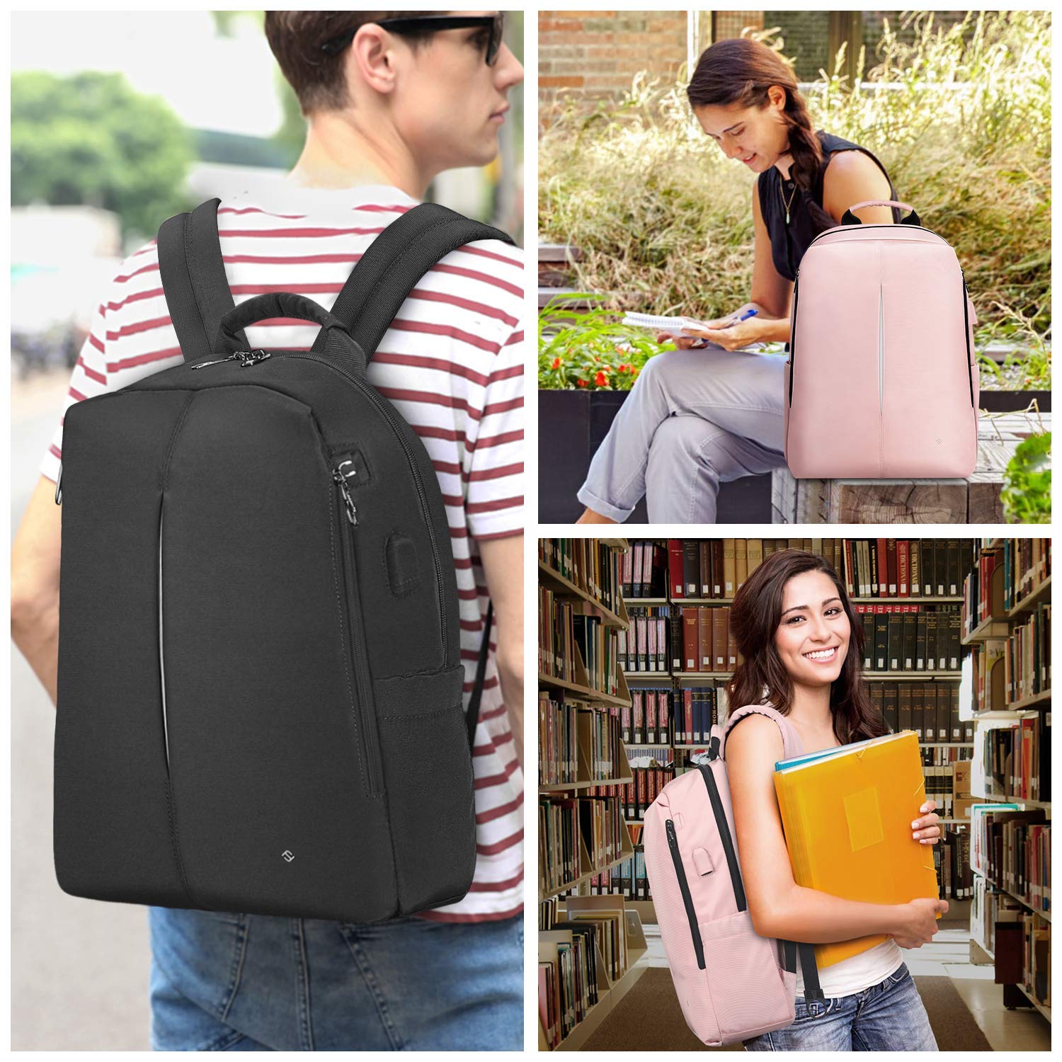 FINPAC Laptop Backpack, Casual Daypack with USB Port for Travel School Work (Pink)
