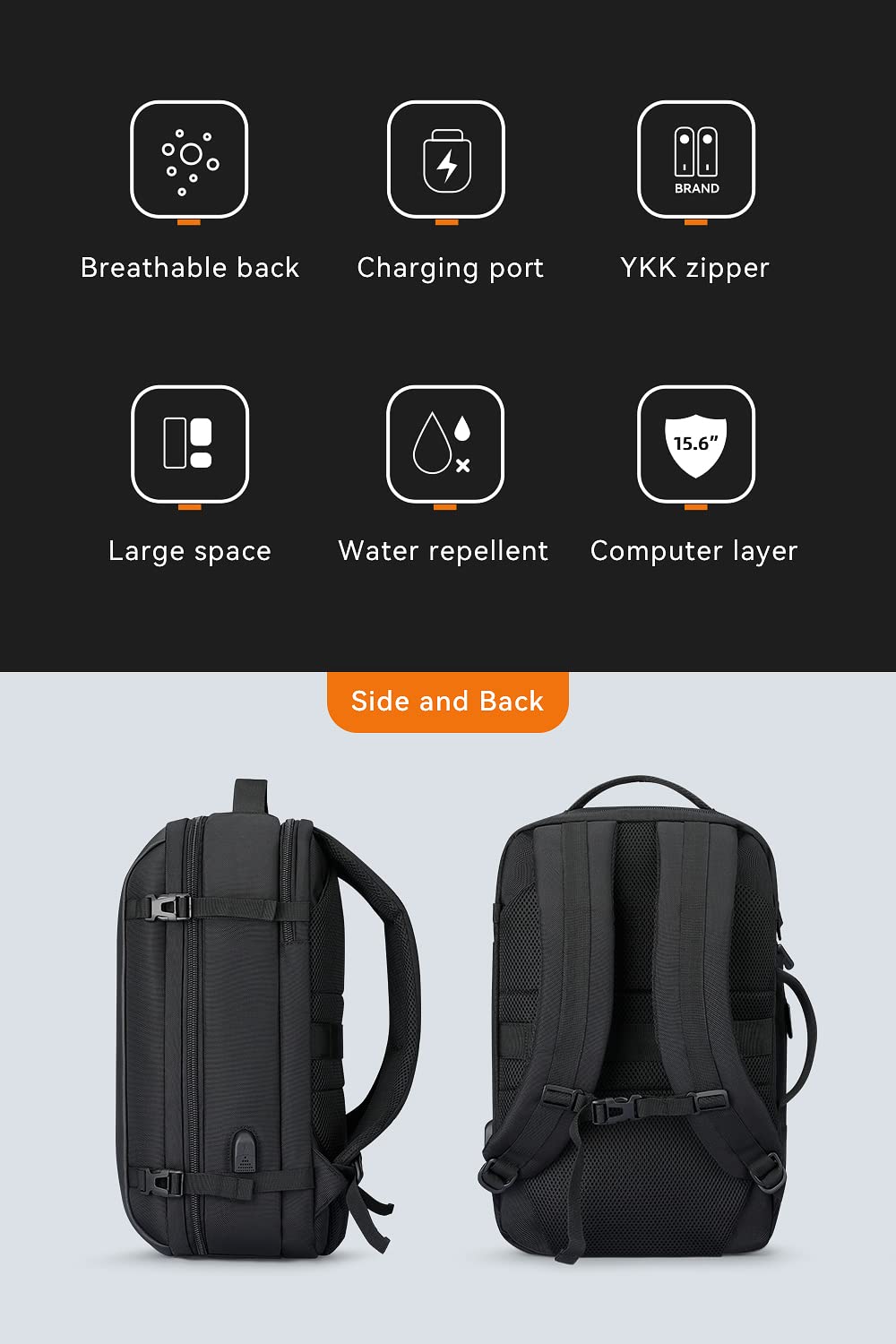 Laptop Backpack, 15.6" Work Backpack Travel Backpack Waterproof with USB Charging Port, 15.6" Laptop Business Backpack, 25L Men's Women's Travel Gift, Black