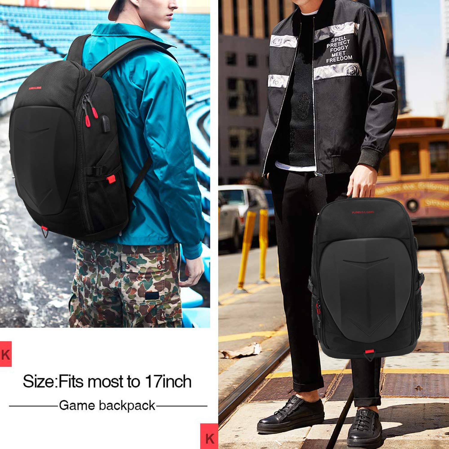 KINGSLONG Hard Shell 17 Inch Laptop Backpack for Men with USB Port for College Motorcycle Outdoor Waterproof Backpacks Black