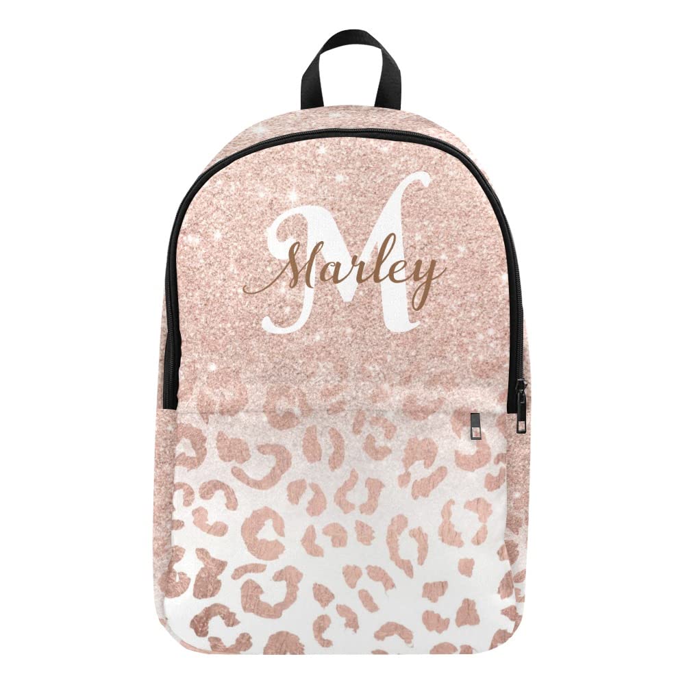 Liveweike Rose Gold Glitter Leopard Personalized Casual Backpack,Custom College School Bag with Name Travel Laptop 17 Inch For Girl