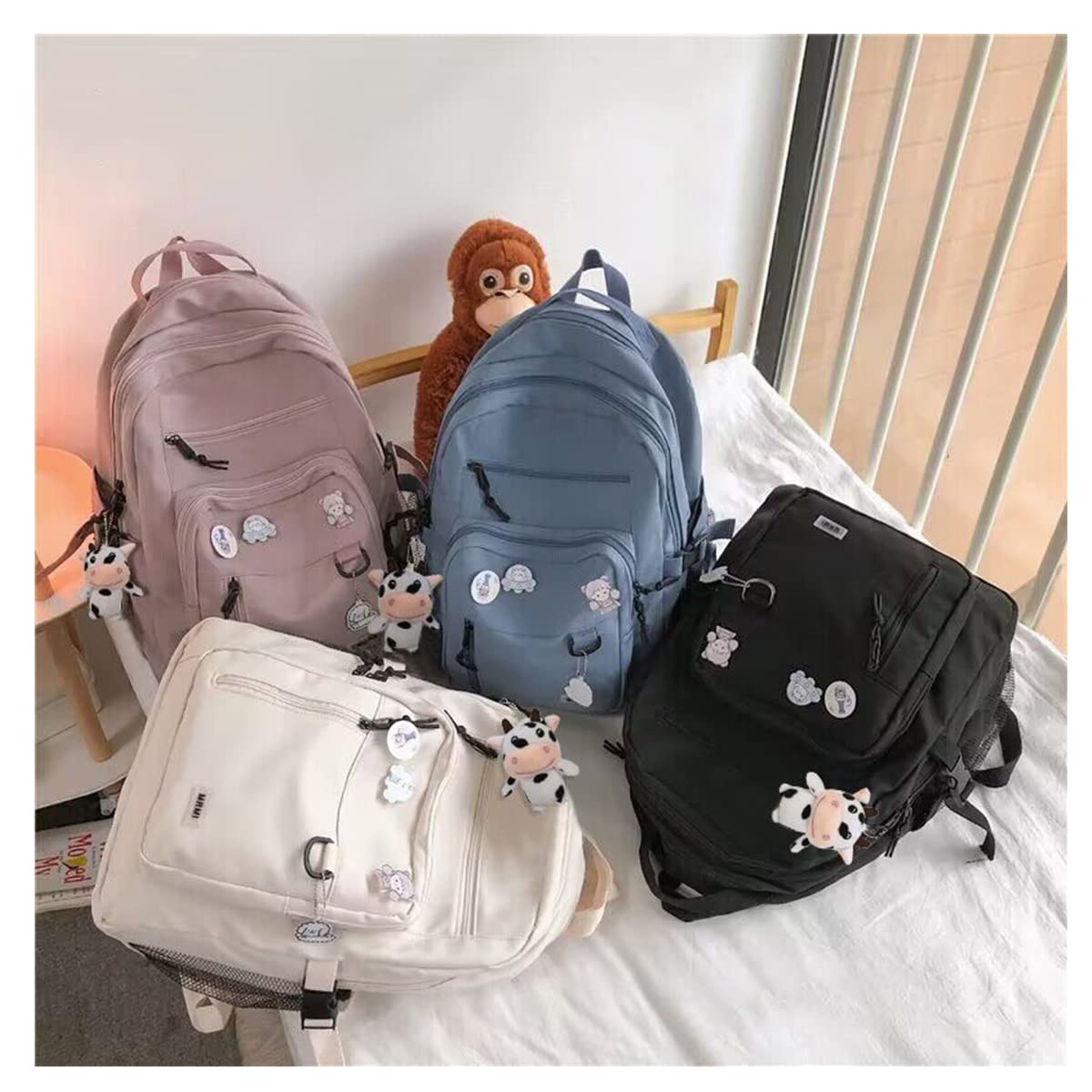 SPORTBANG Cute Aesthetic Backpack for teen girls middle school Bag Student Laptop White Backpacks With Cute pin accessories(Black, One Size)