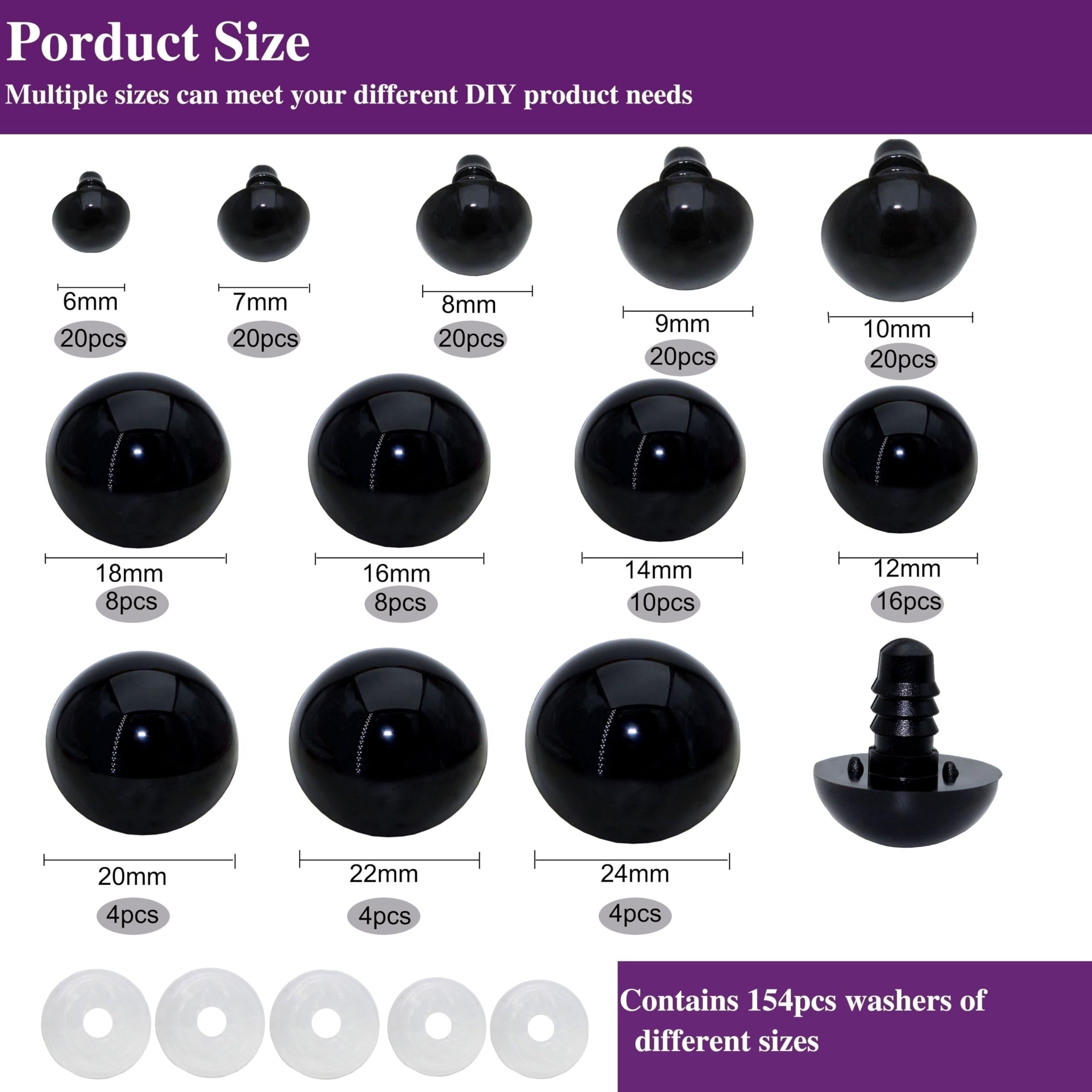 BESTCYC 1box(154pcs) 6/7/8/9/10/12/14/16/18/20/22/24mm Black Solid Plastic Safety Eyes Craft Safety Eyes DIY Eyes with Washers for Teddy Bear Doll Plush Animal Puppet Crafts