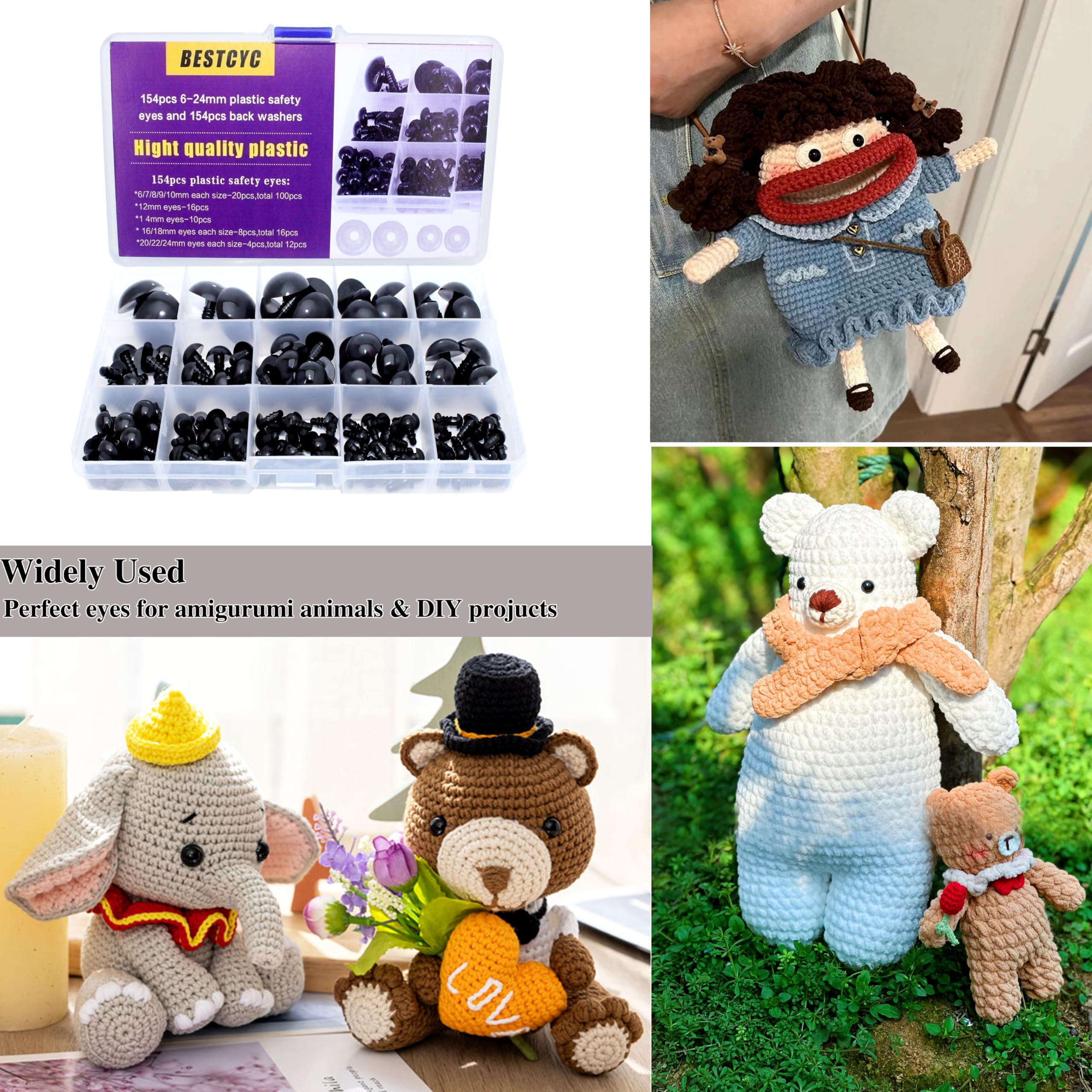 BESTCYC 1box(154pcs) 6/7/8/9/10/12/14/16/18/20/22/24mm Black Solid Plastic Safety Eyes Craft Safety Eyes DIY Eyes with Washers for Teddy Bear Doll Plush Animal Puppet Crafts