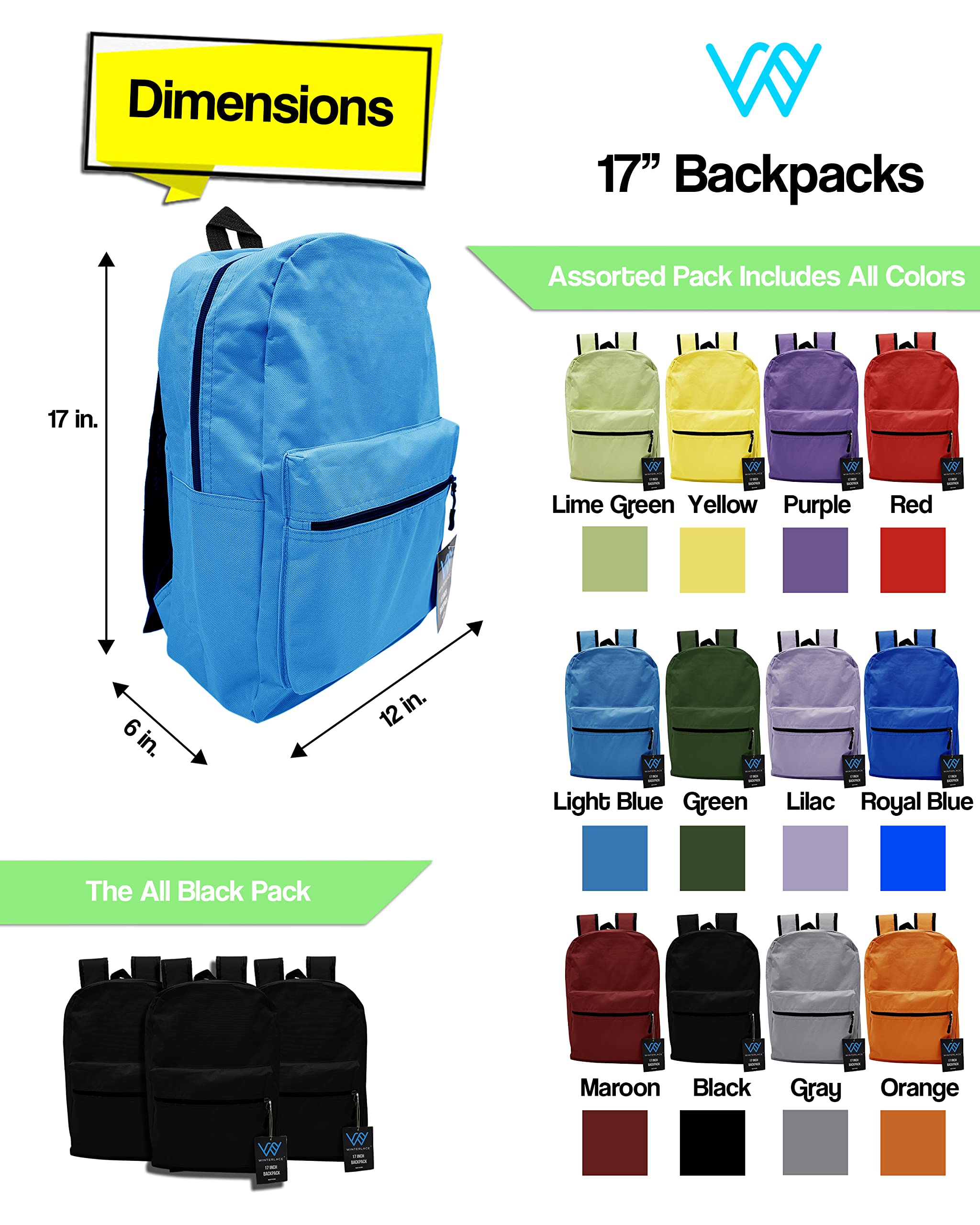 12 Pack Backpack , Bulk 17 inch Lightweight Student Outdoor Travel School Book Bag (Assorted)