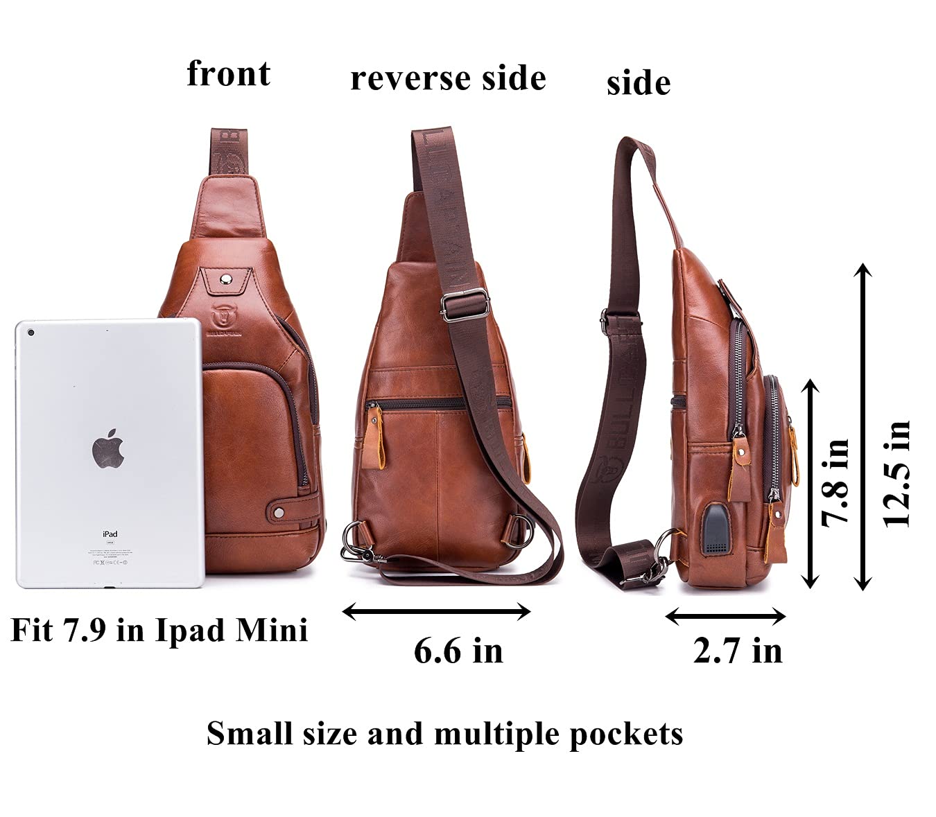 BULLCAPTAIN Men Crossbody Bag with USB Charging Port Genuine Leather Shoulder Sling Chest Bag Travel Hiking Backpack (Brown)