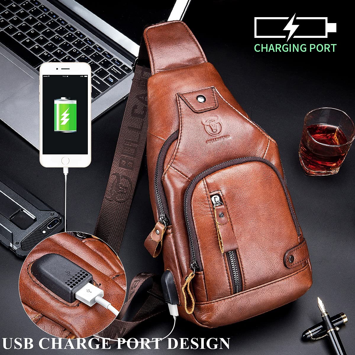 BULLCAPTAIN Men Crossbody Bag with USB Charging Port Genuine Leather Shoulder Sling Chest Bag Travel Hiking Backpack (Brown)