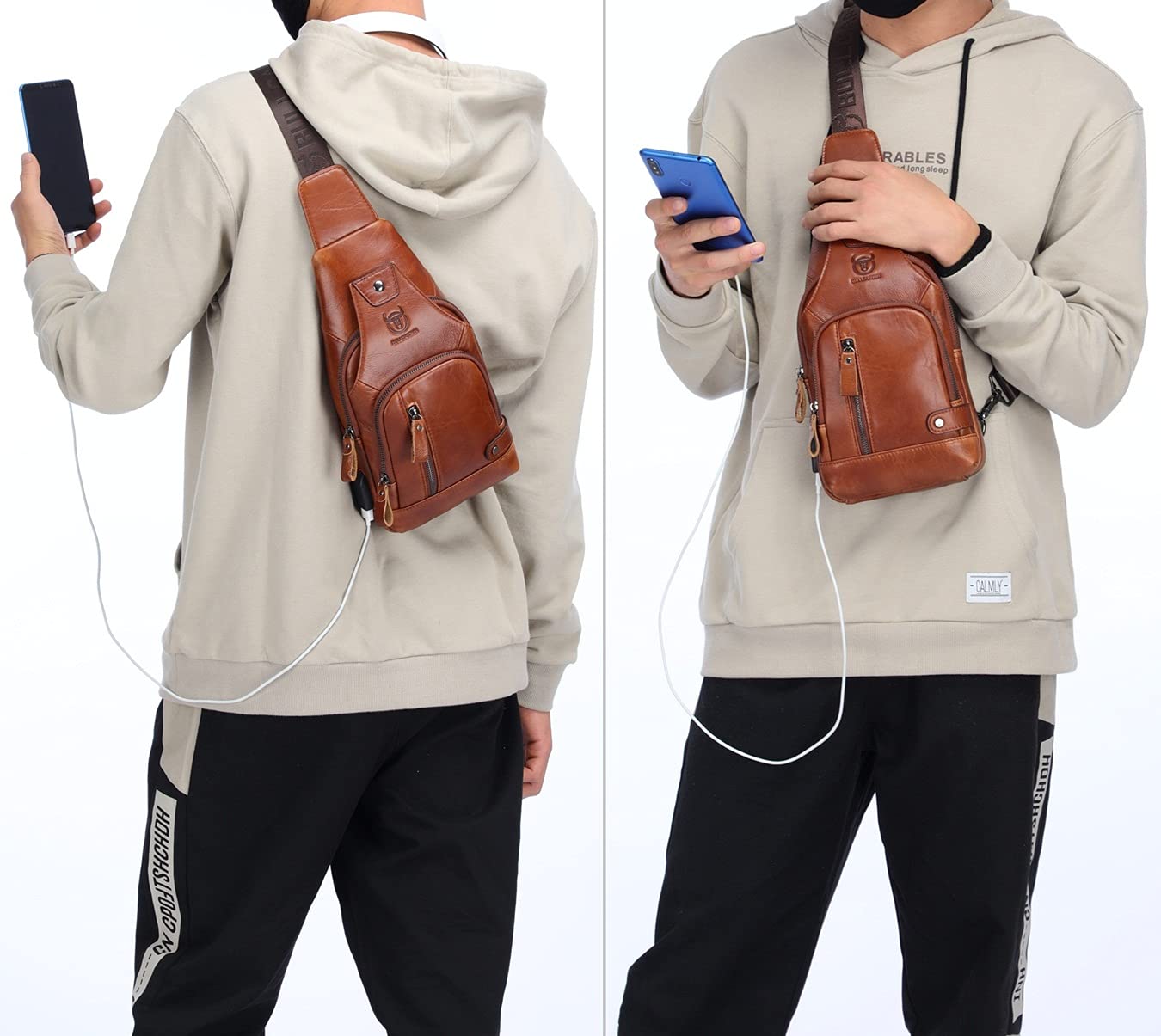BULLCAPTAIN Men Crossbody Bag with USB Charging Port Genuine Leather Shoulder Sling Chest Bag Travel Hiking Backpack (Brown)