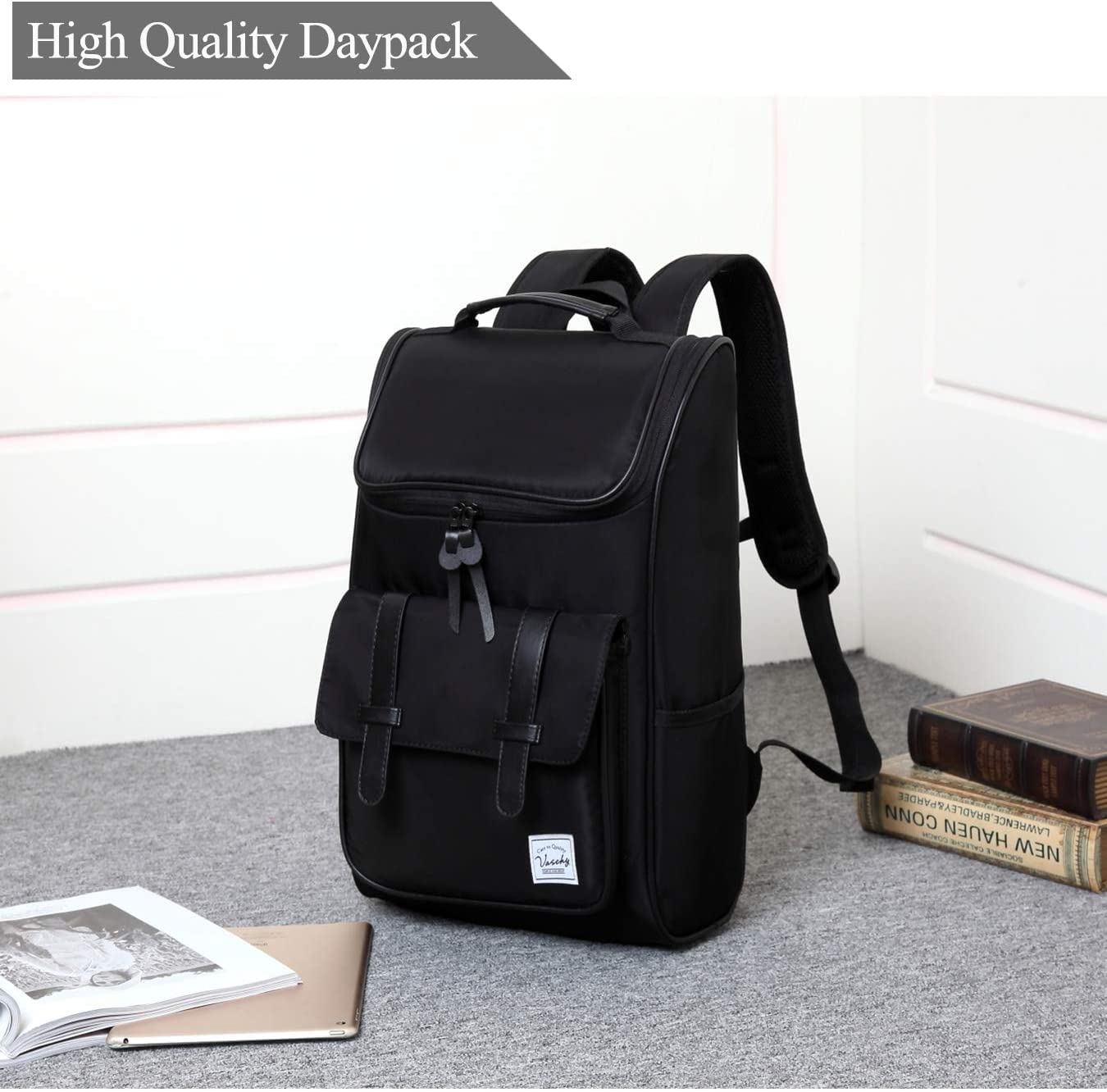 VASCHY Backpack for men, Vintage Water Resistant Daypack Rucksack College School Backpack with Padded 15.6 inch Laptop Compartment
