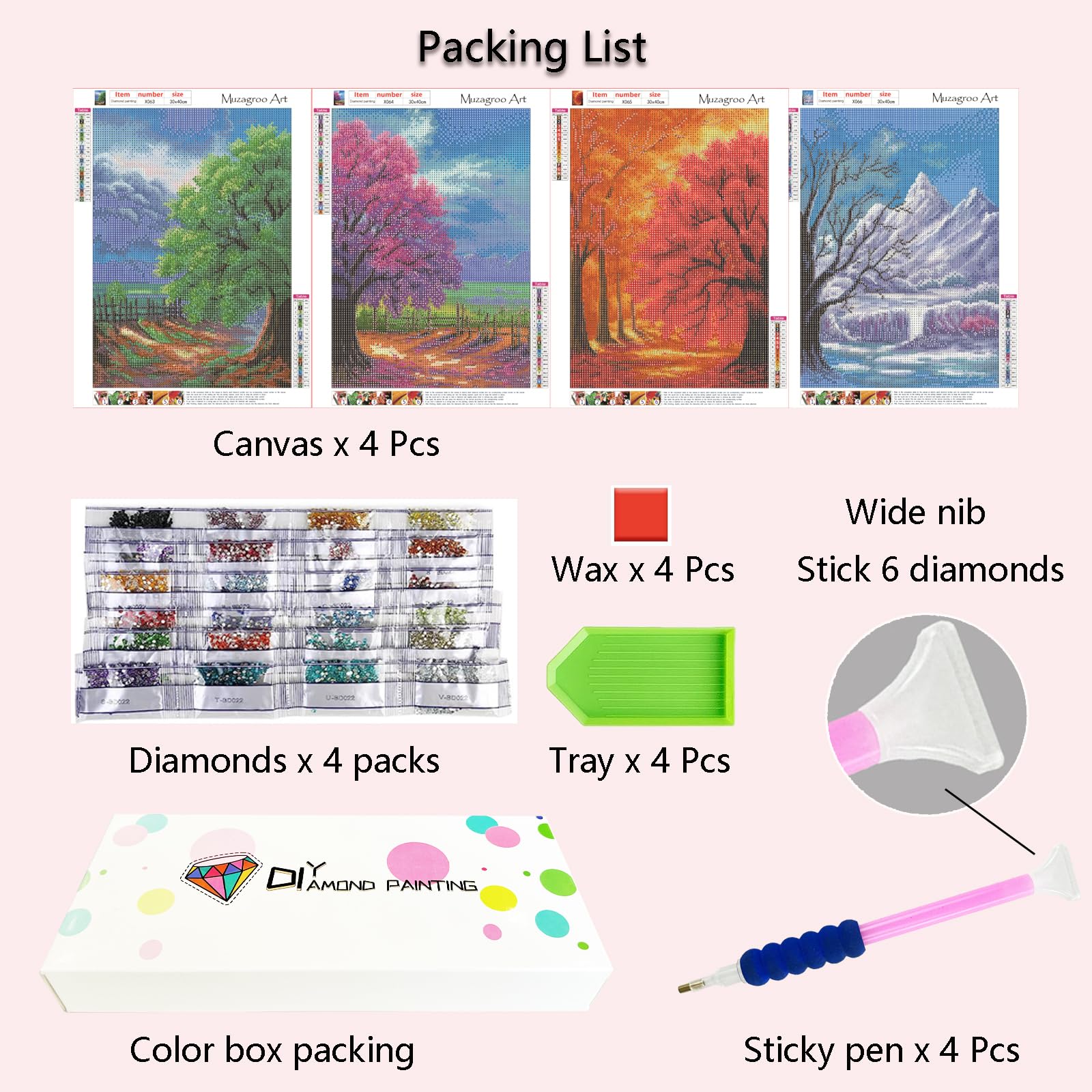 Muzagroo Art 4 Pack 5D Diamond Painting Kits for Adults DIY Drill Diamond Art Kits 4 Seasons Wall Art for Living Room Diamonds Arts and Crafts by Numbers for Beginners