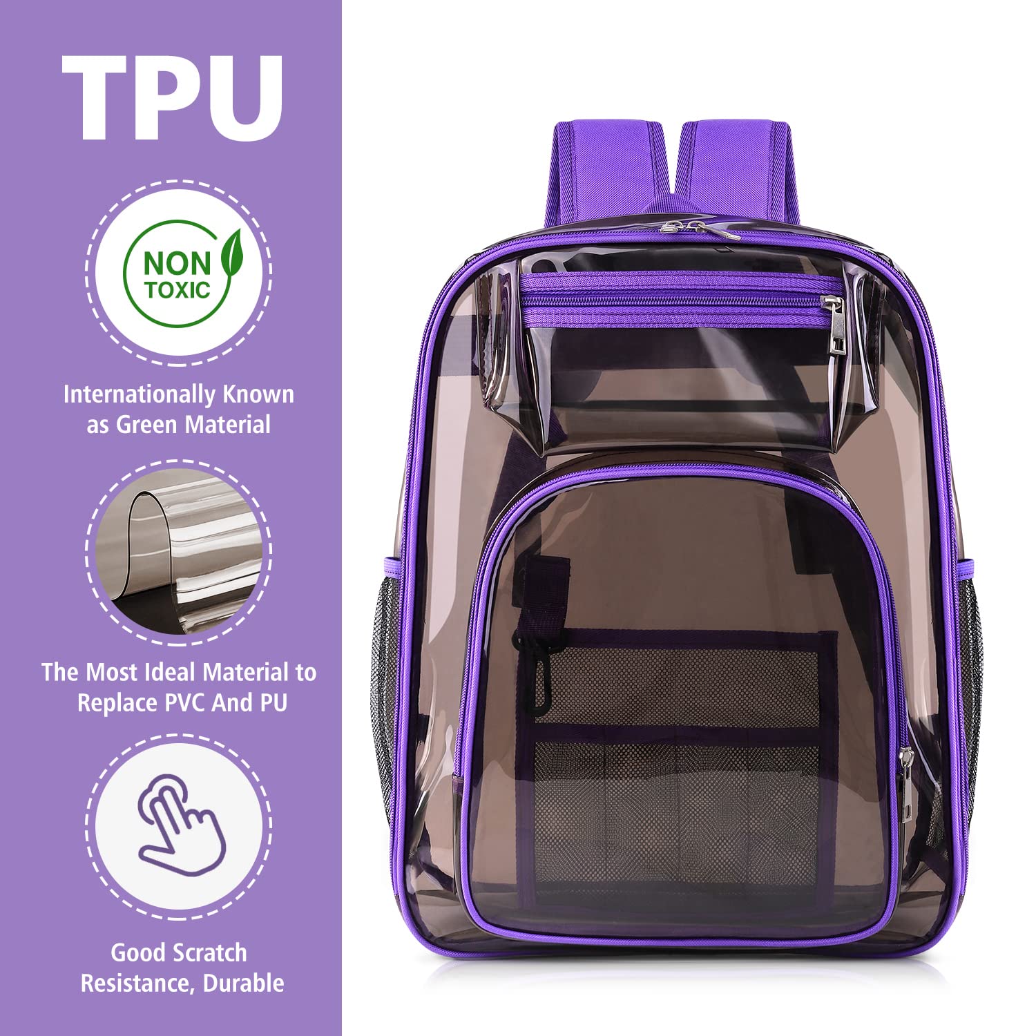 SIMBOOM Clear Backpack, Heavy Duty TPU Transparent Backpacks Large See Through Bookbag with Reinforced Strap for School, Stadium, Security, Work, Travel, College, Sporting Events, Concert (Purple)