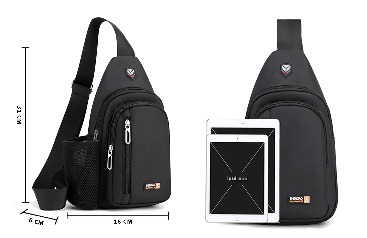 Yerchic Small Sling Bag Men Women Shoulder Backpack Mini Cross Body Chest Sling Backpack with Water Bottle Holder Travel Hiking Casual Daypack, Black
