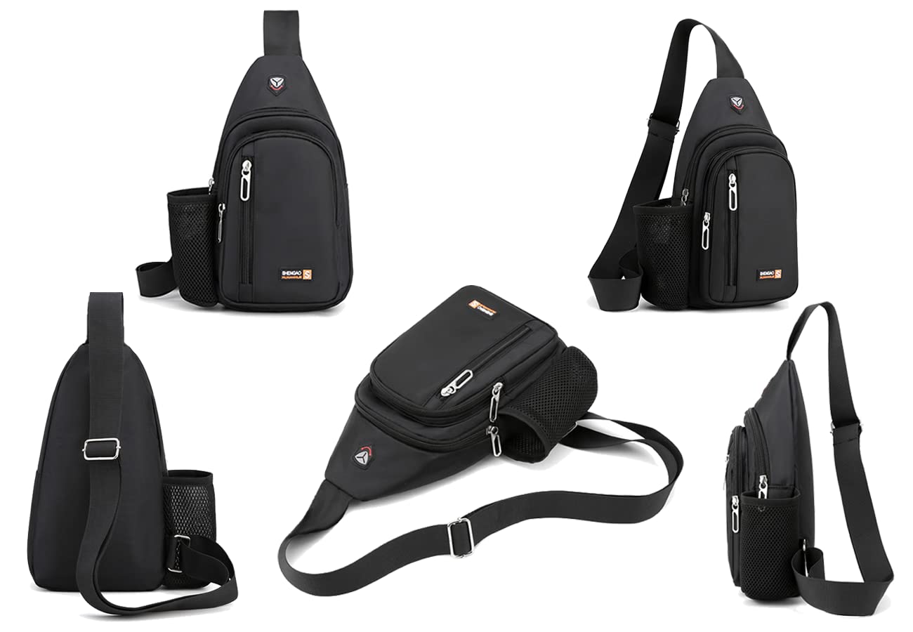 Yerchic Small Sling Bag Men Women Shoulder Backpack Mini Cross Body Chest Sling Backpack with Water Bottle Holder Travel Hiking Casual Daypack, Black