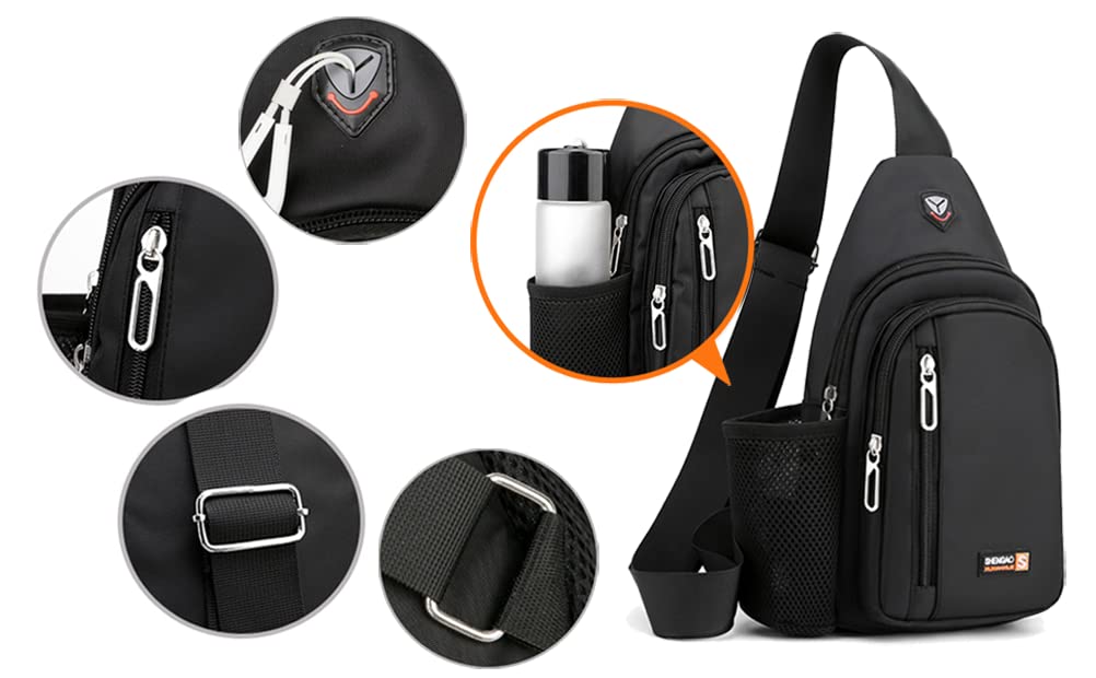 Yerchic Small Sling Bag Men Women Shoulder Backpack Mini Cross Body Chest Sling Backpack with Water Bottle Holder Travel Hiking Casual Daypack, Black