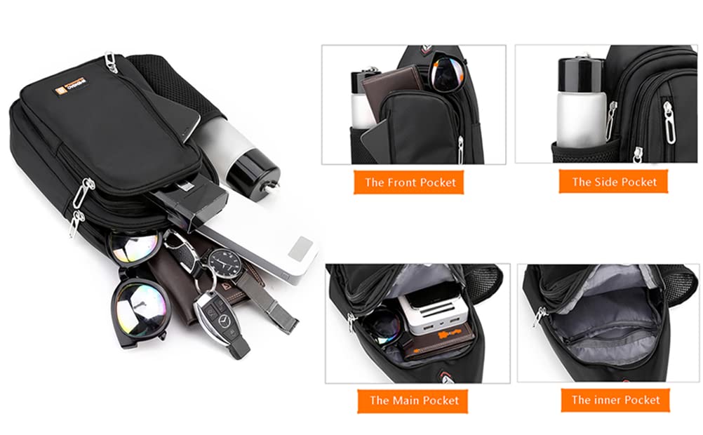 Yerchic Small Sling Bag Men Women Shoulder Backpack Mini Cross Body Chest Sling Backpack with Water Bottle Holder Travel Hiking Casual Daypack, Black
