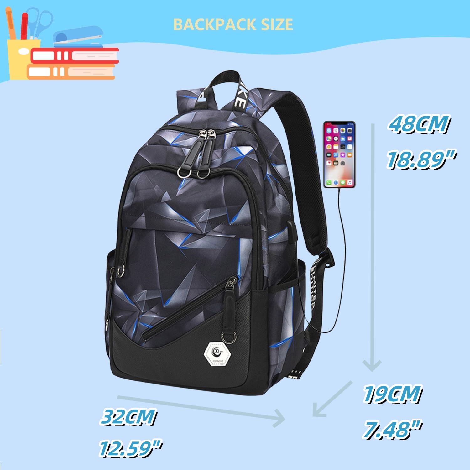 ETAISHOW Geometric-Print Kids School Bag Backpack for Boys Elementary Middle High Bookbag Back Pack for Teens Black Red